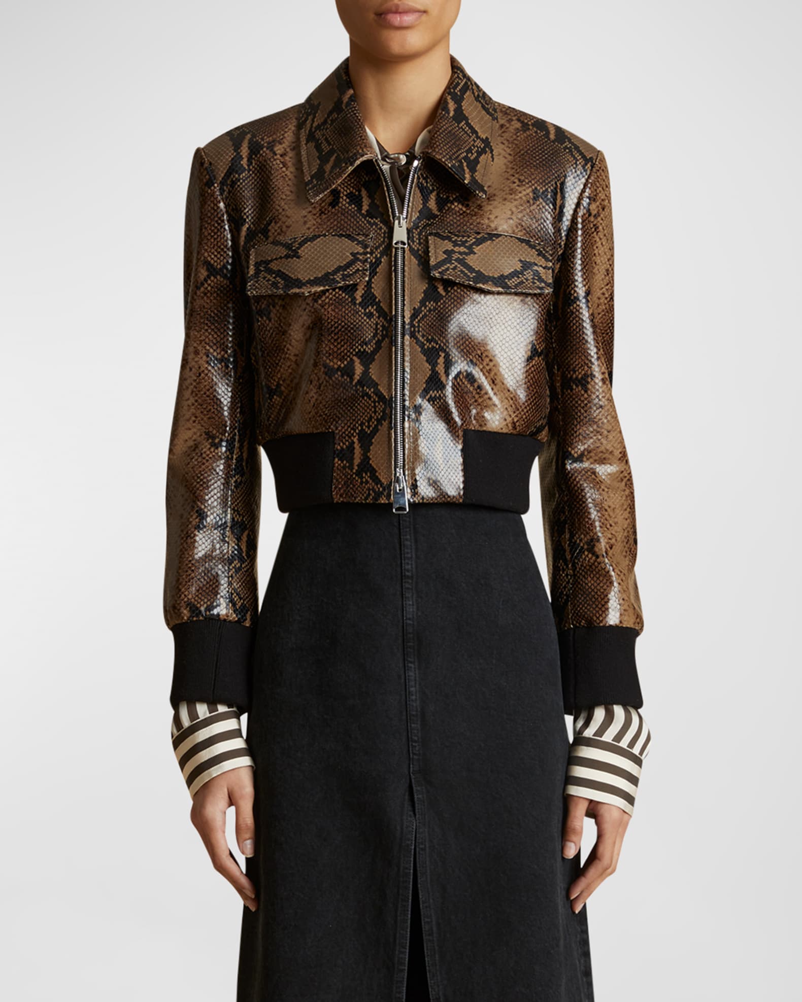Khaite Hector Cropped Snake Print Leather Jacket | Neiman Marcus