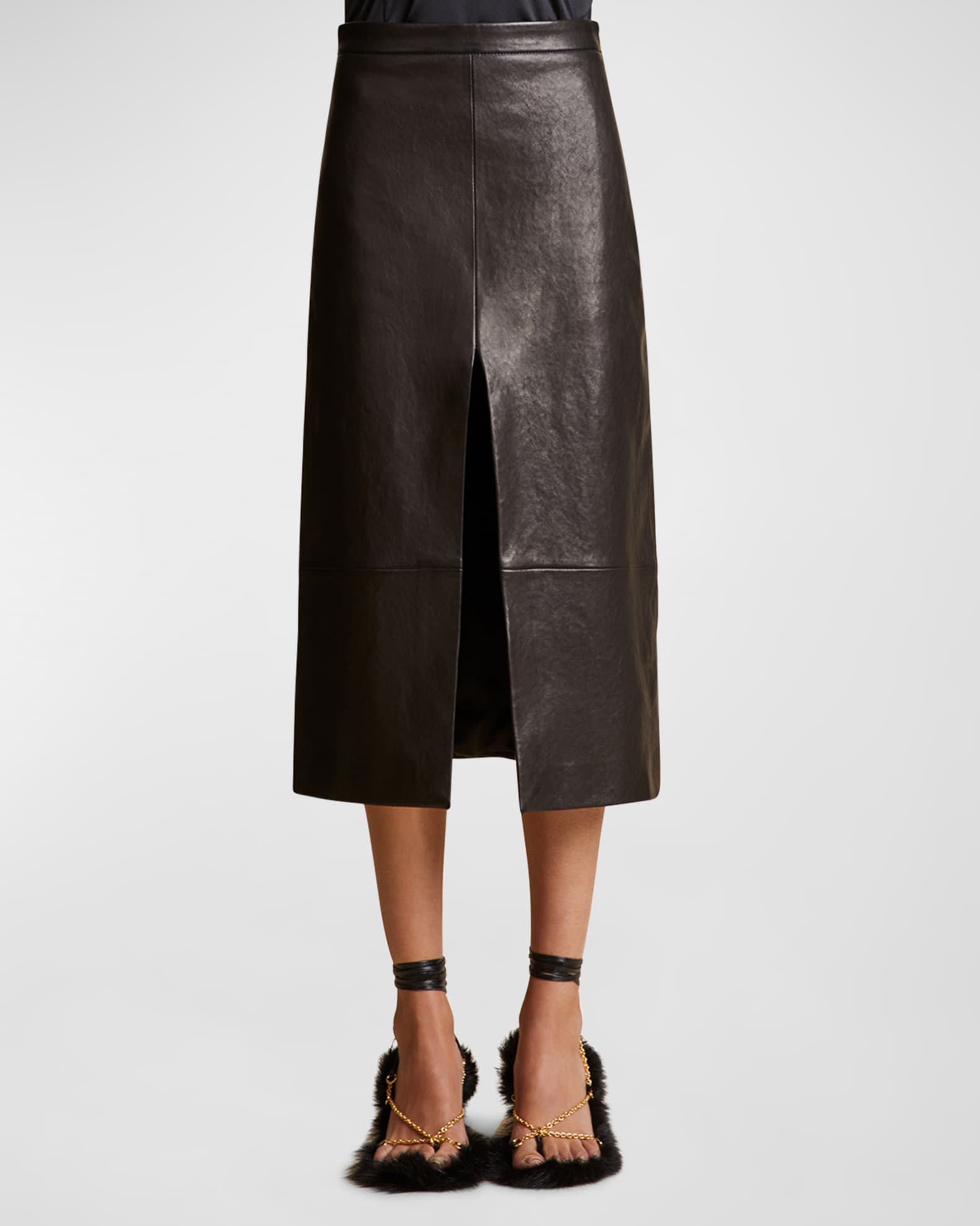 Khaite Fraser Leather Midi Skirt | Neiman Marcus