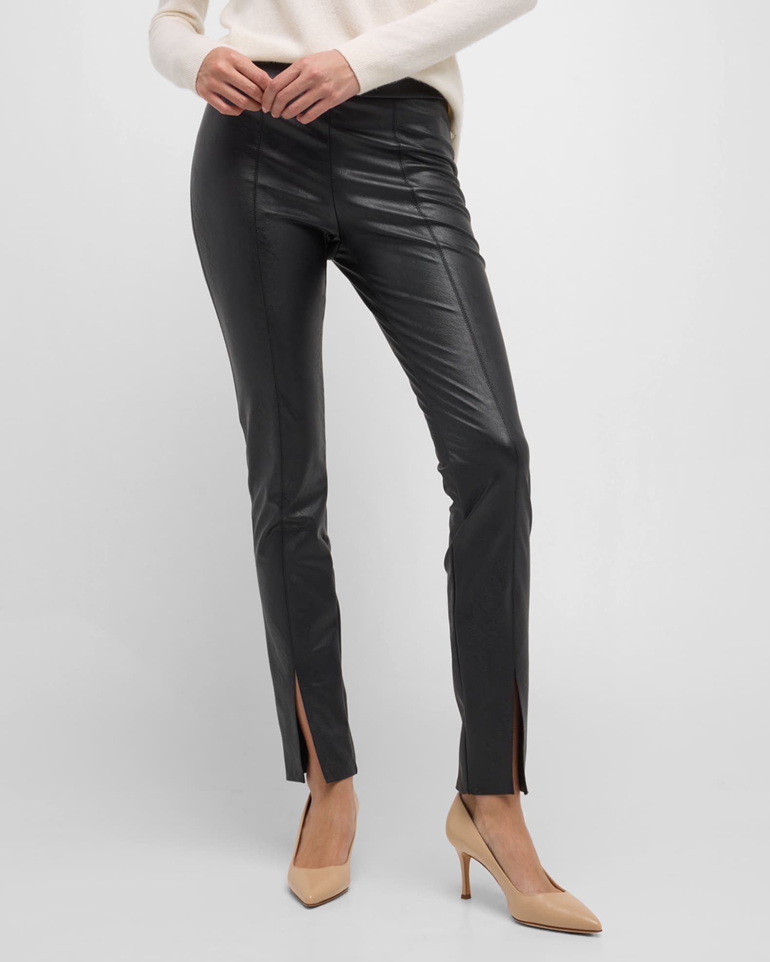 Avenue Montaigne Max Front-Slit Vegan Leather Pants | Neiman Marcus