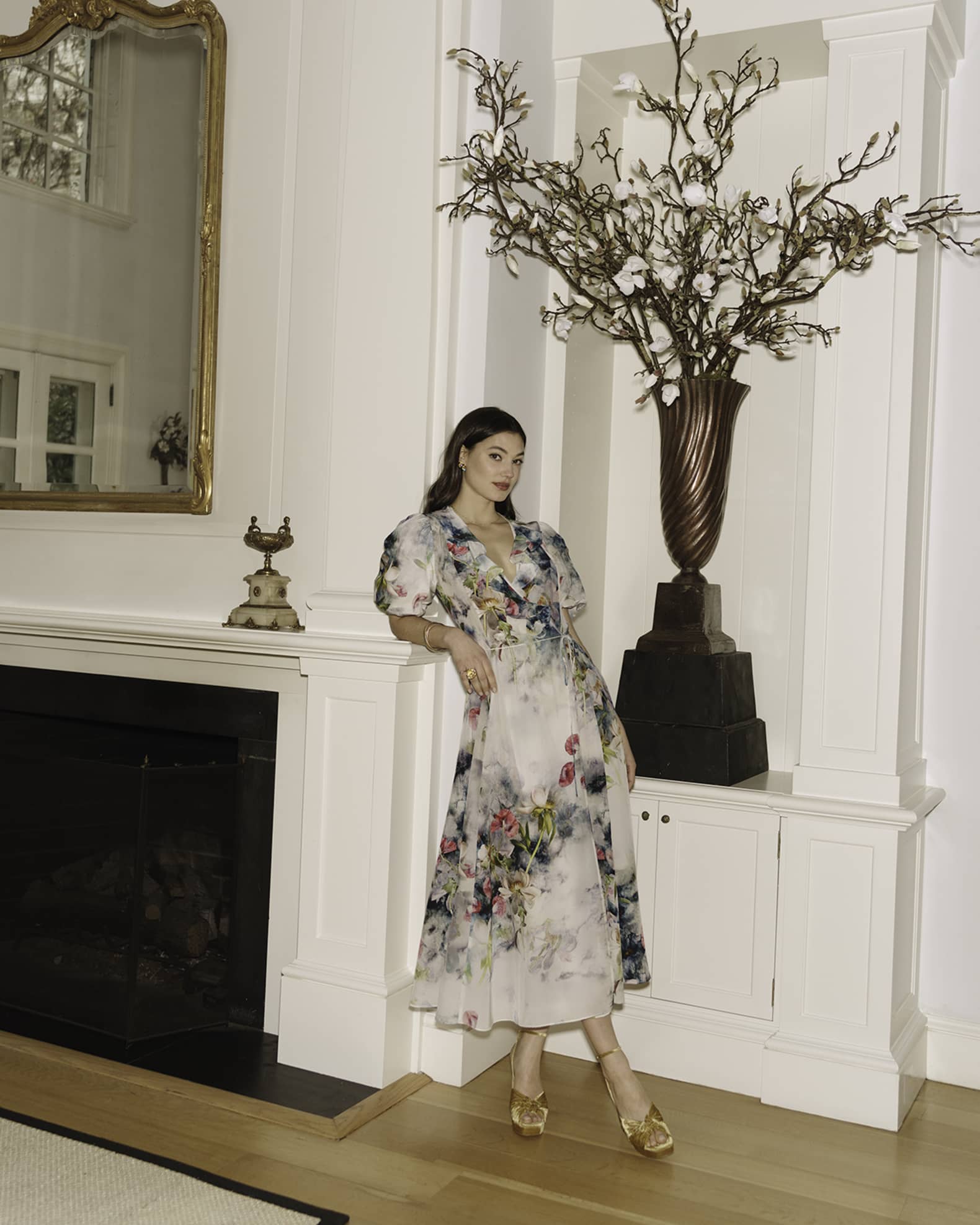 Robert Graham Layla Floral-Print Puff-Sleeve Midi Wrap Dress | Neiman ...