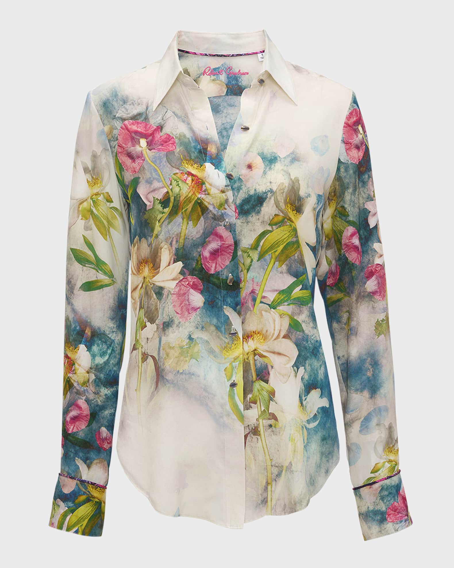 Robert Graham Gabriela Floral-Print Silk-Blend Shirt | Neiman Marcus