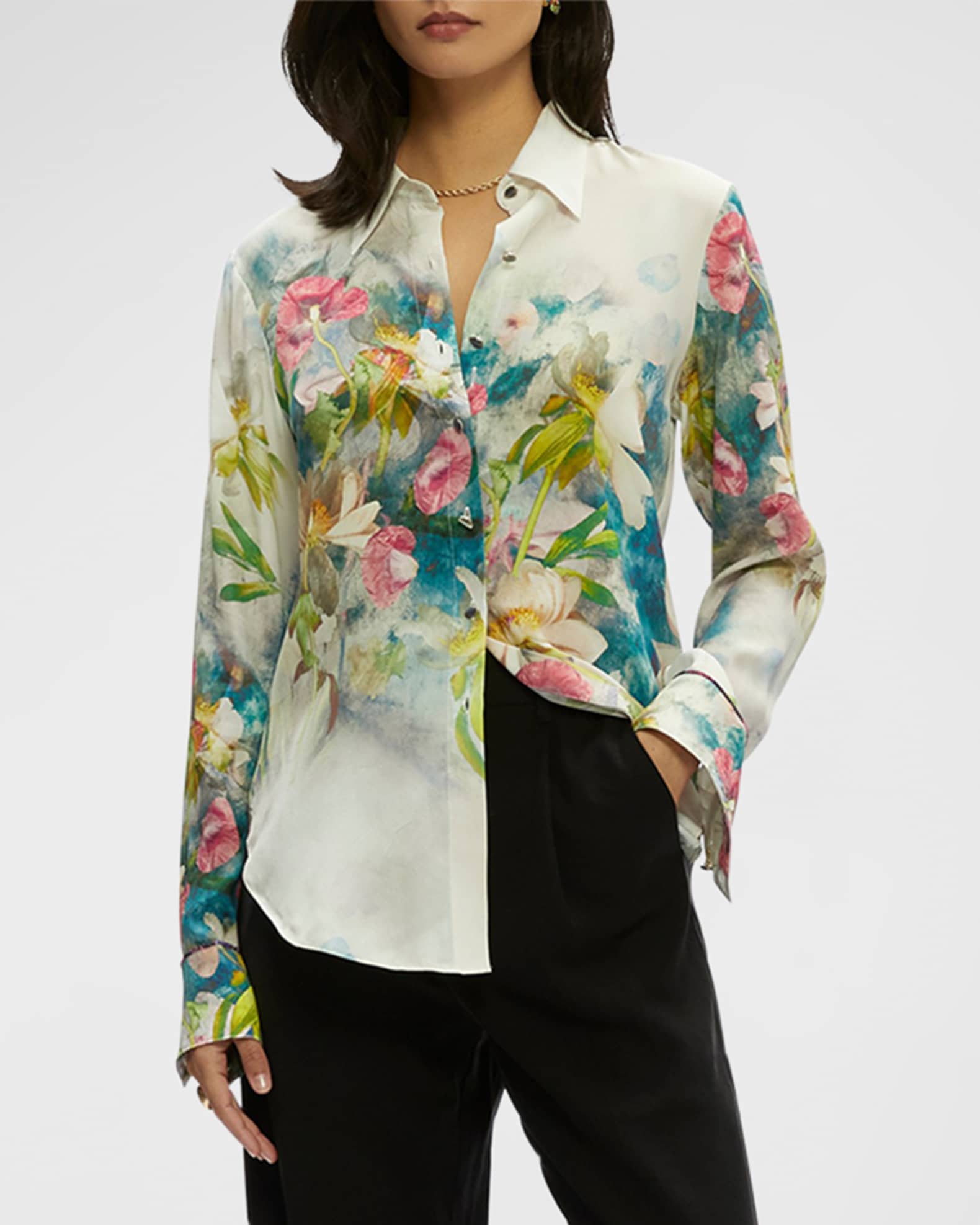 Robert Graham Gabriela Floral-Print Silk-Blend Shirt | Neiman Marcus
