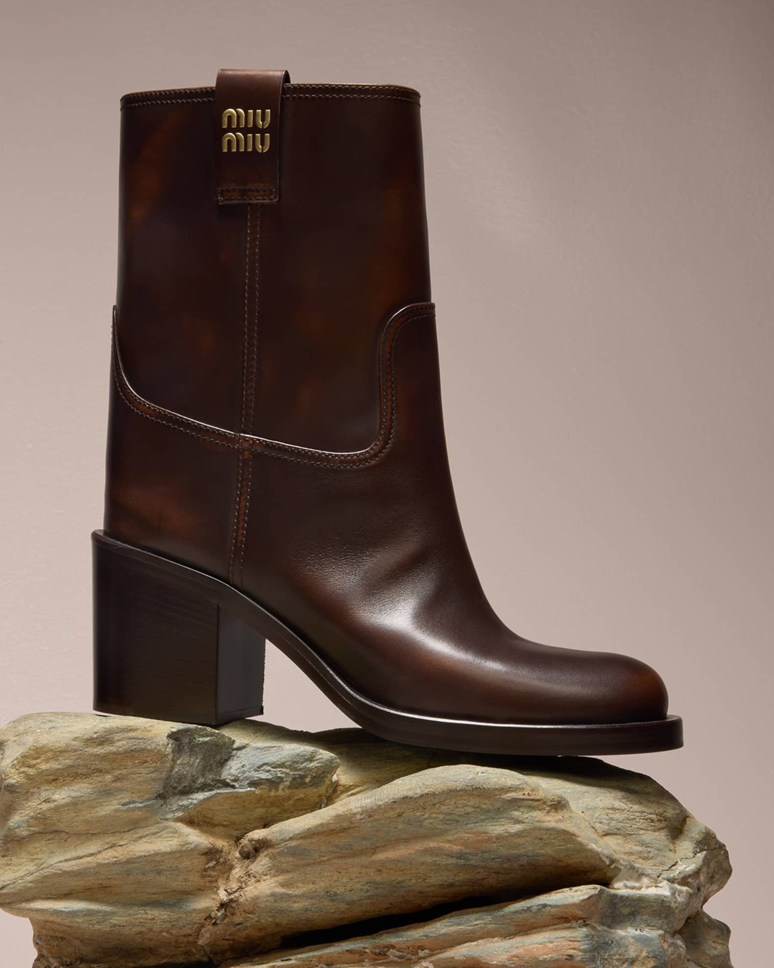 Miu Miu Calfskin Block-Heel Moto Booties | Neiman Marcus
