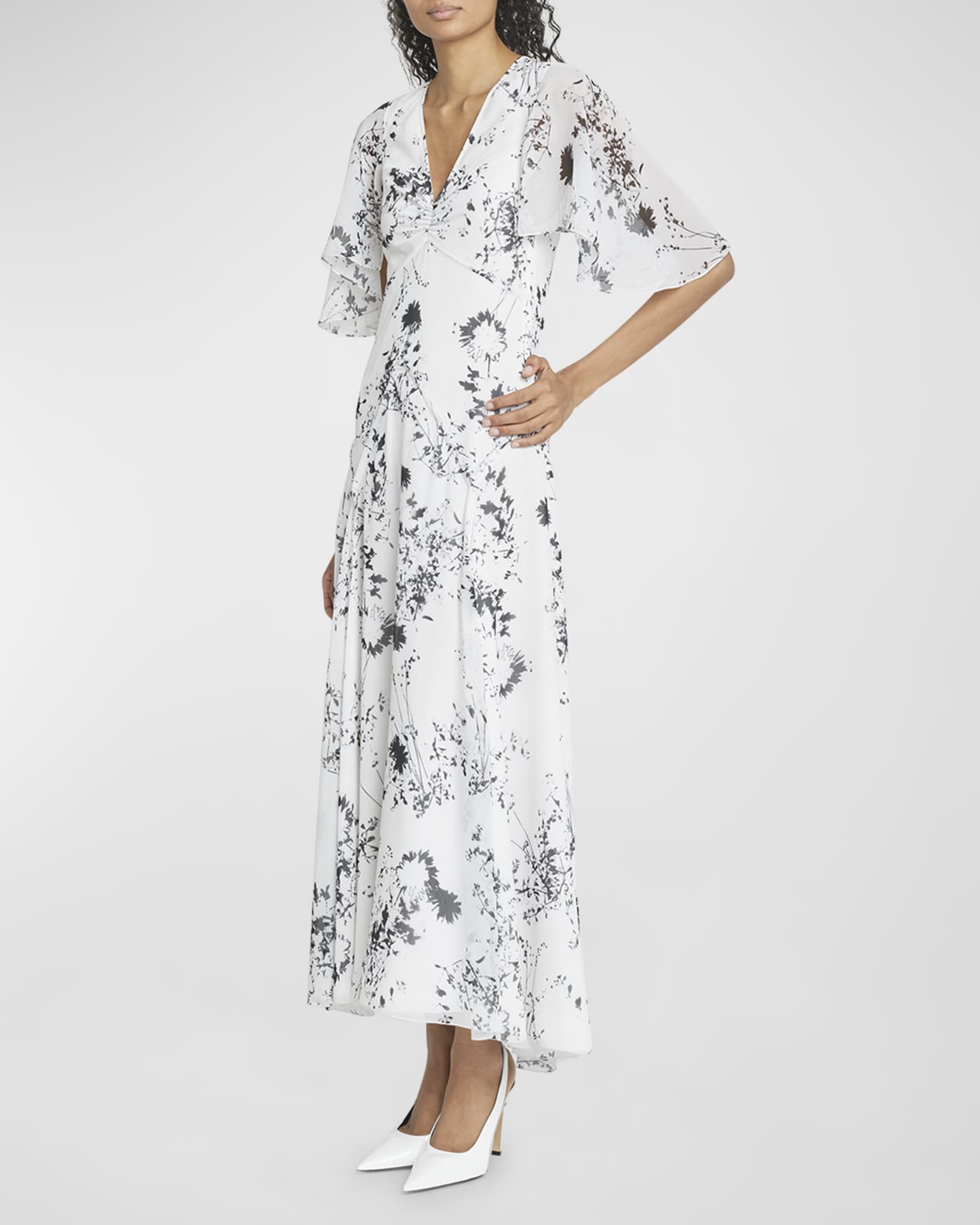 Victoria Beckham Floral-Print Flutter-Sleeve Godet Maxi Dress | Neiman ...