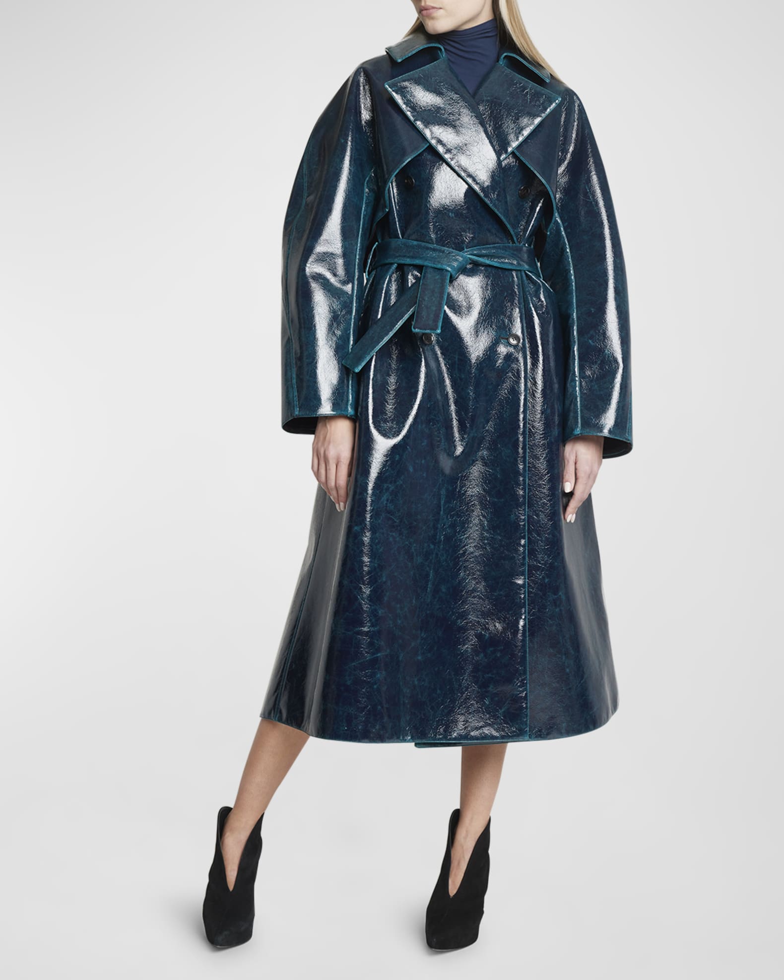 ALAIA Wool Vinyl Belted Trench Coat | Neiman Marcus