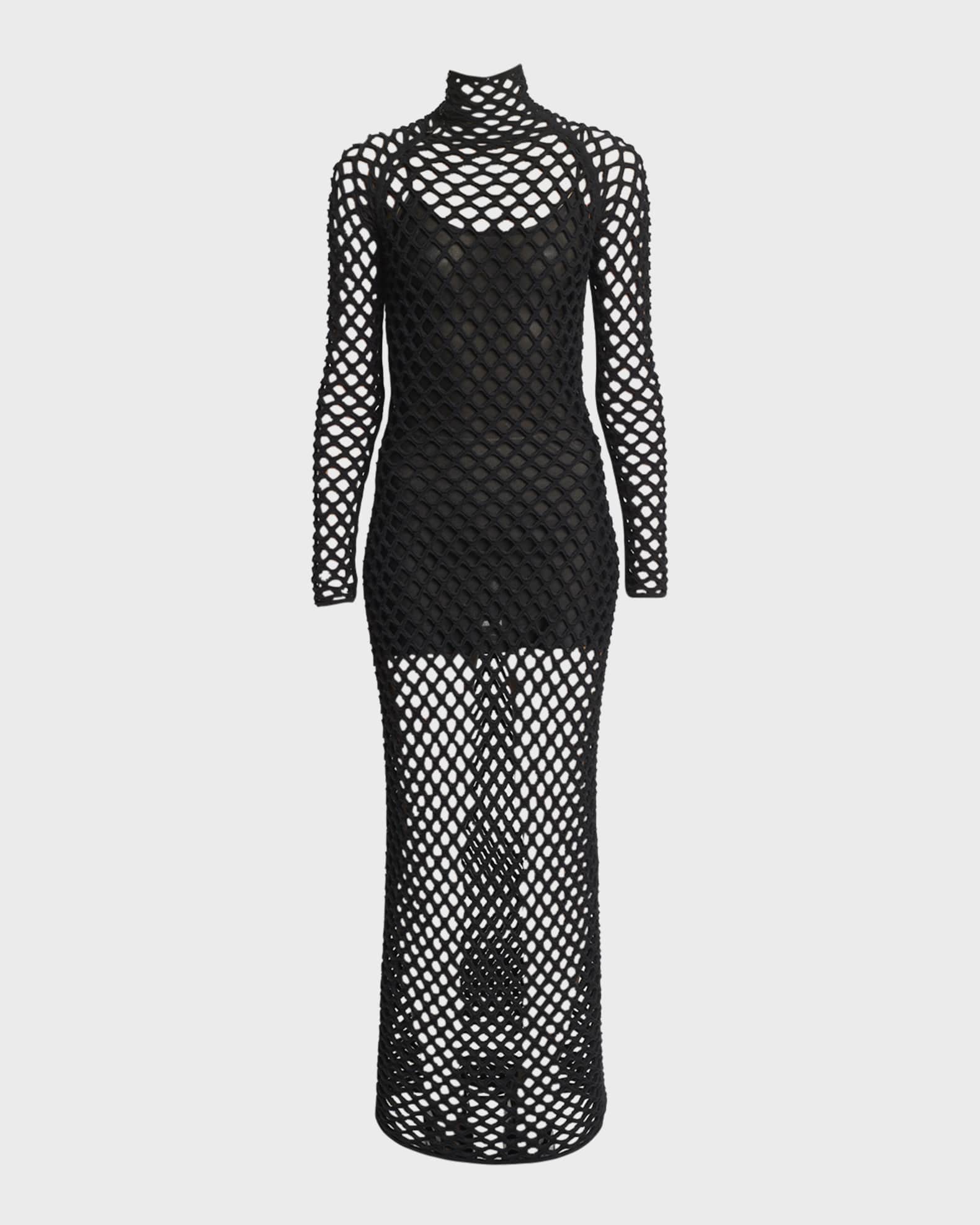 ALAIA Cage Cutout Netted Turtleneck Maxi Dress | Neiman Marcus