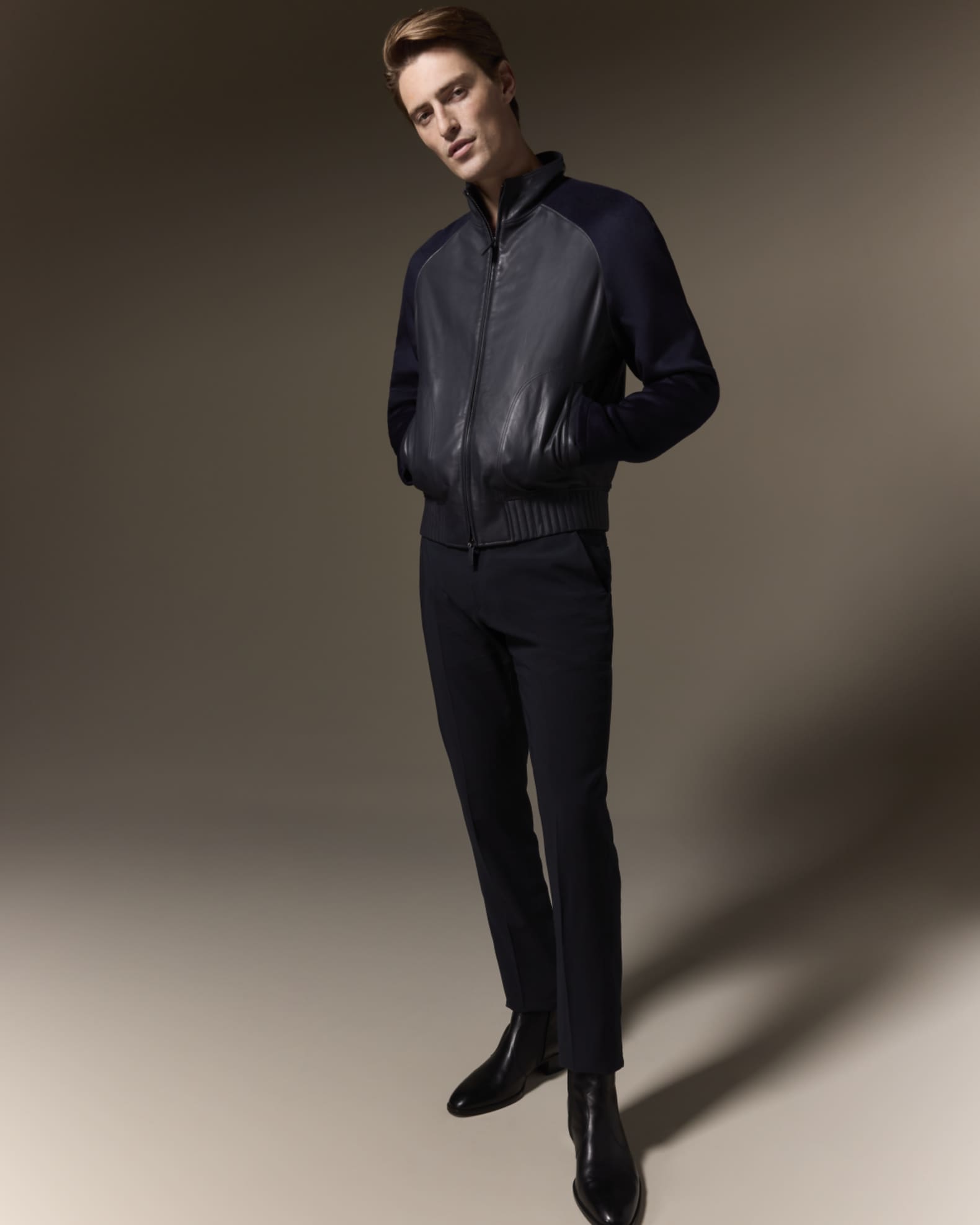 Emporio Armani Men's Leather Bomber Jacket with Knit Sleeves | Neiman ...