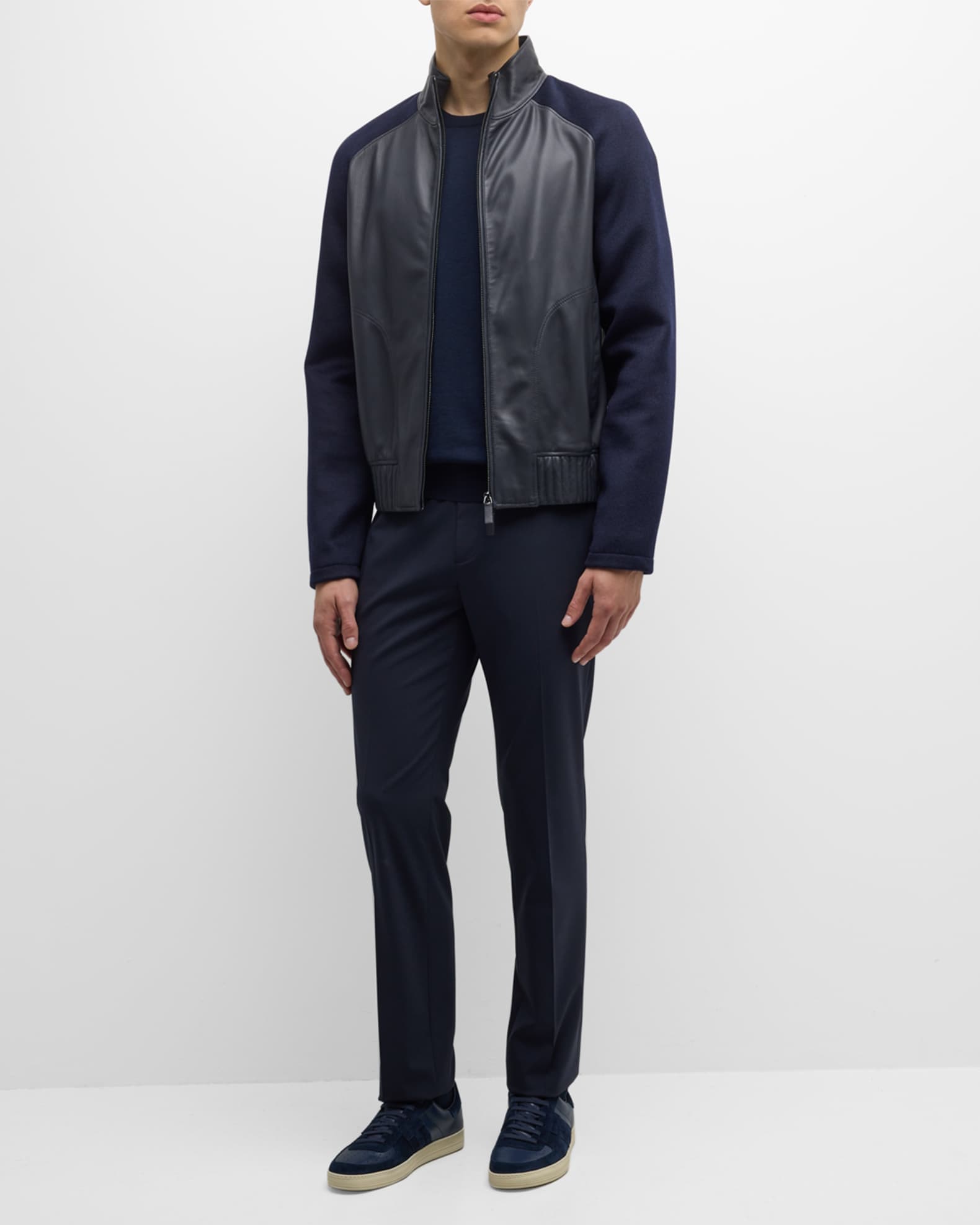 Emporio Armani Men's Leather Bomber Jacket with Knit Sleeves | Neiman ...