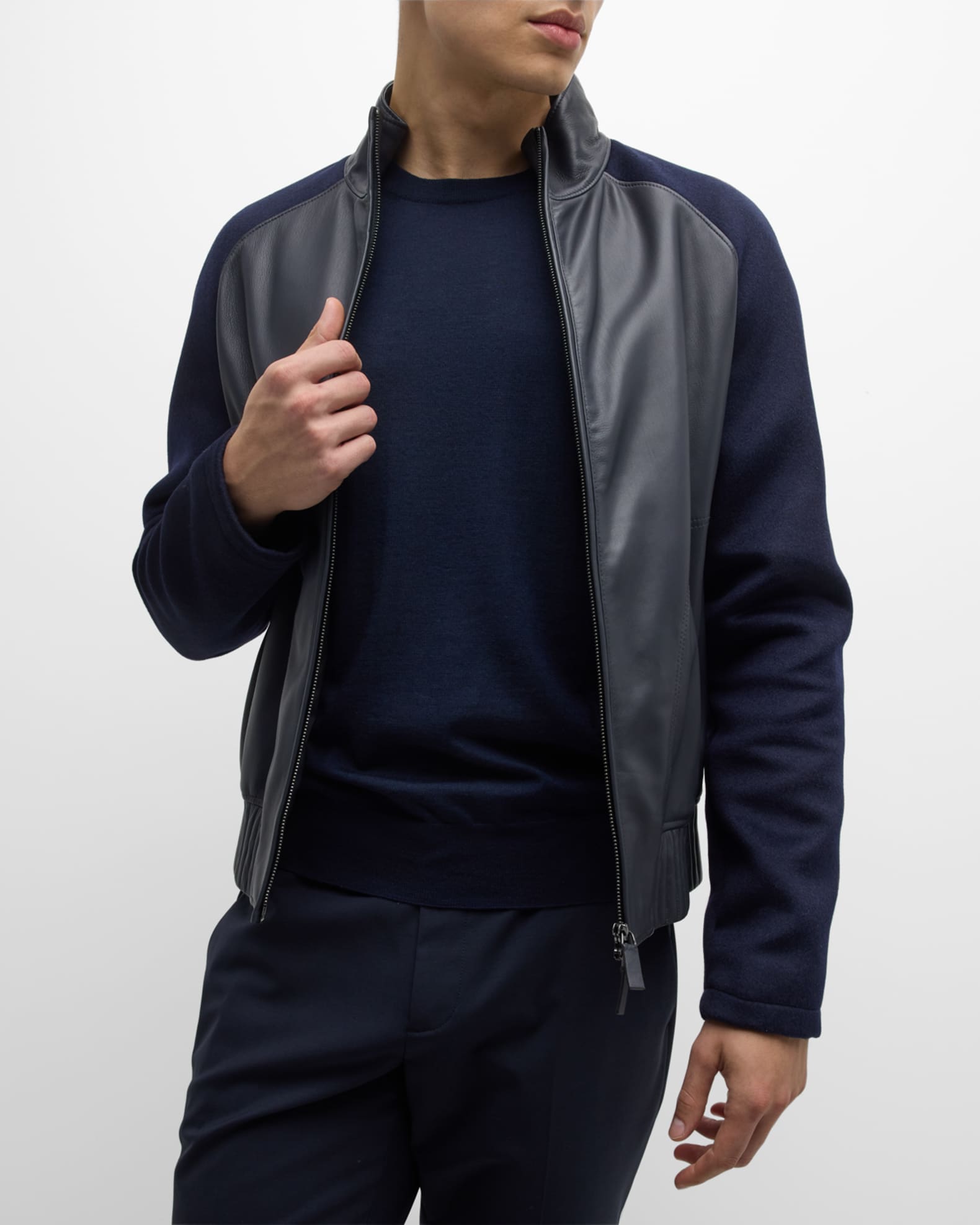 Emporio Armani Men's Leather Bomber Jacket with Knit Sleeves | Neiman ...