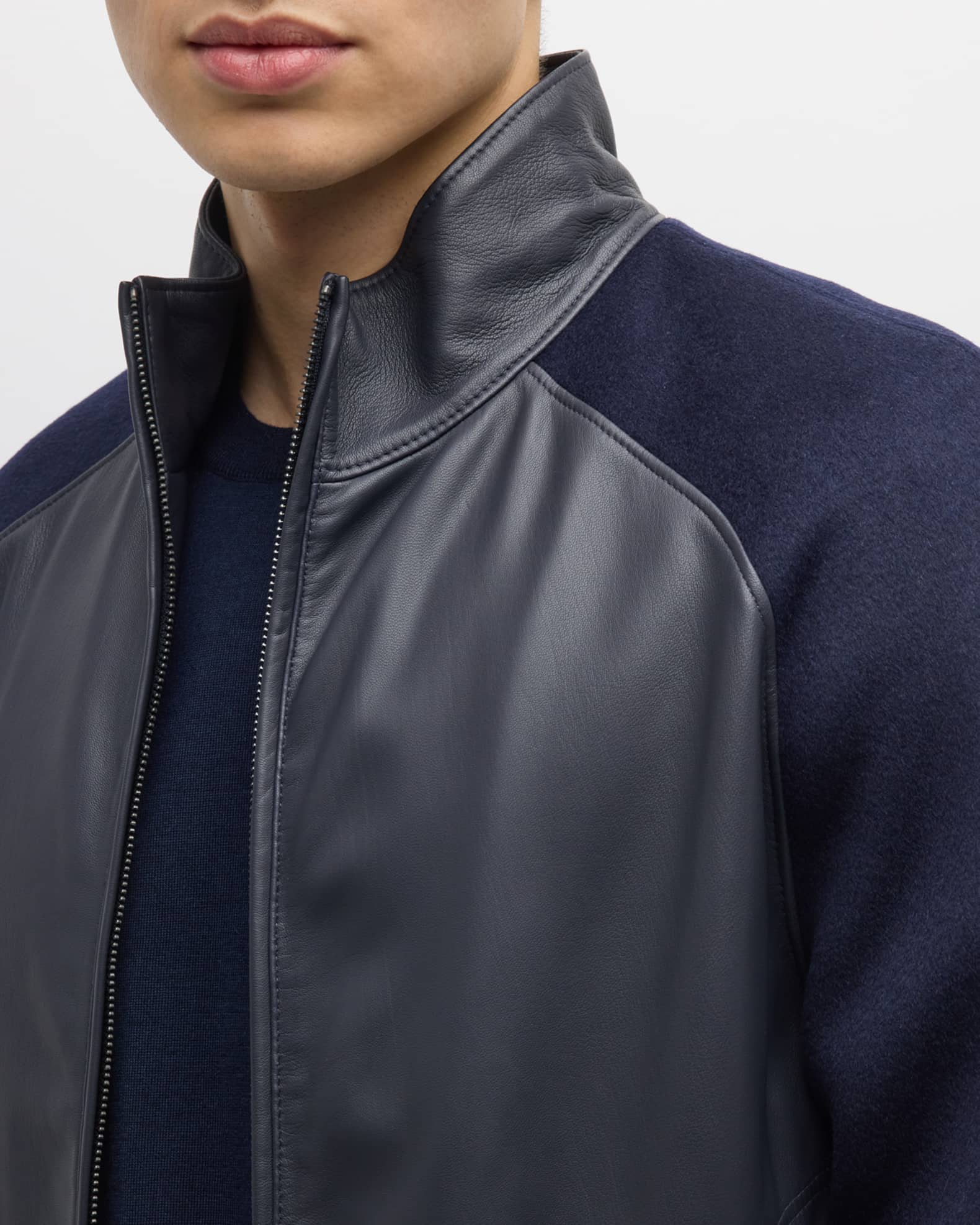 Emporio Armani Men's Leather Bomber Jacket with Knit Sleeves | Neiman ...