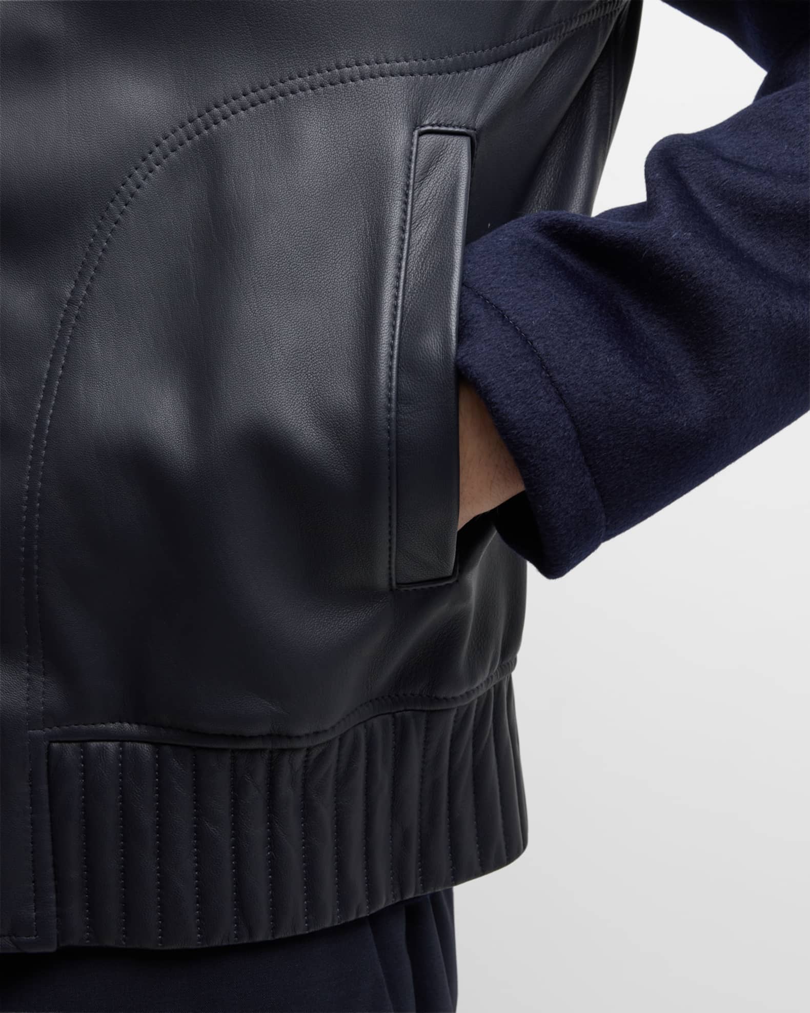 Emporio Armani Men's Leather Bomber Jacket with Knit Sleeves | Neiman ...