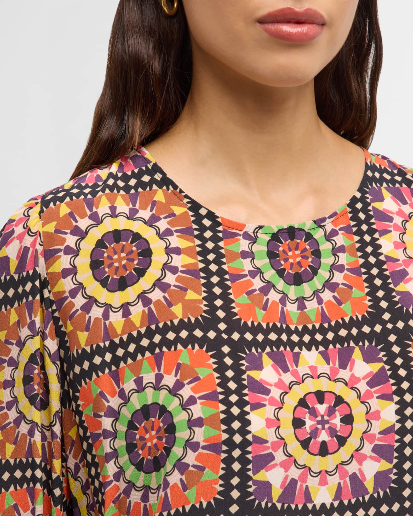 Johnny Was Lyon Blouson-Sleeve Tile-Print Blouse | Neiman Marcus