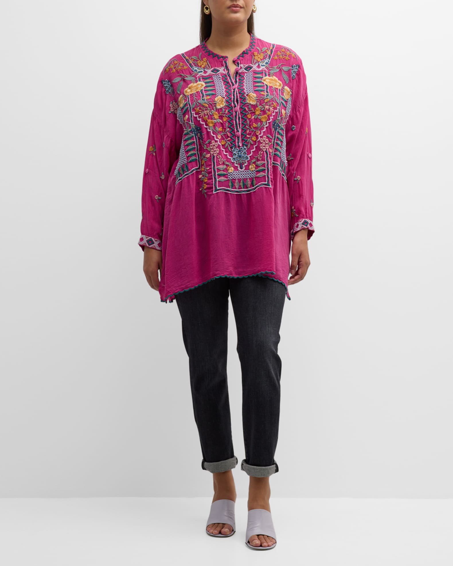Johnny Was Plus Size Faylin Embroidered Georgette Tunic | Neiman Marcus