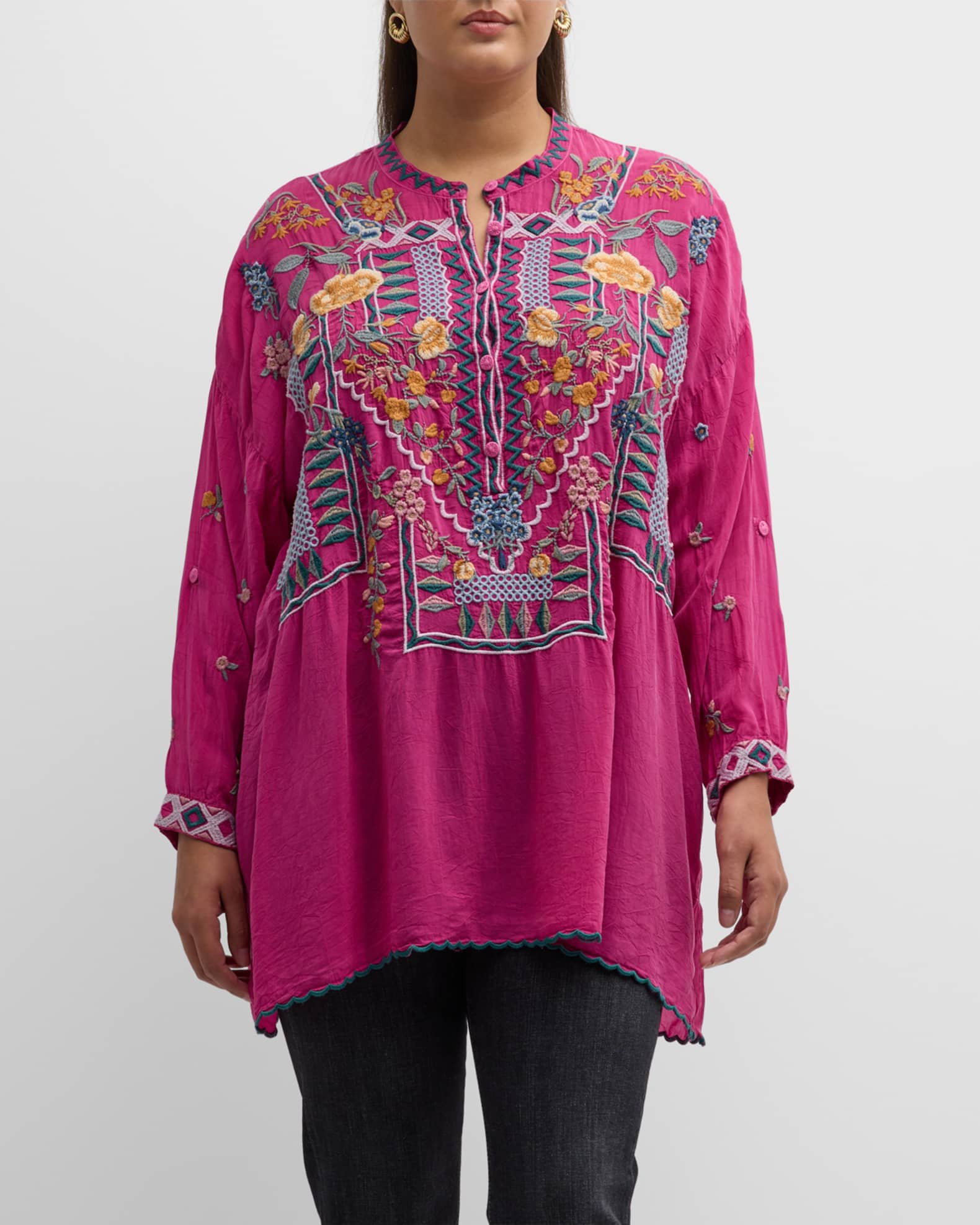 Johnny Was Plus Size Faylin Embroidered Georgette Tunic | Neiman Marcus
