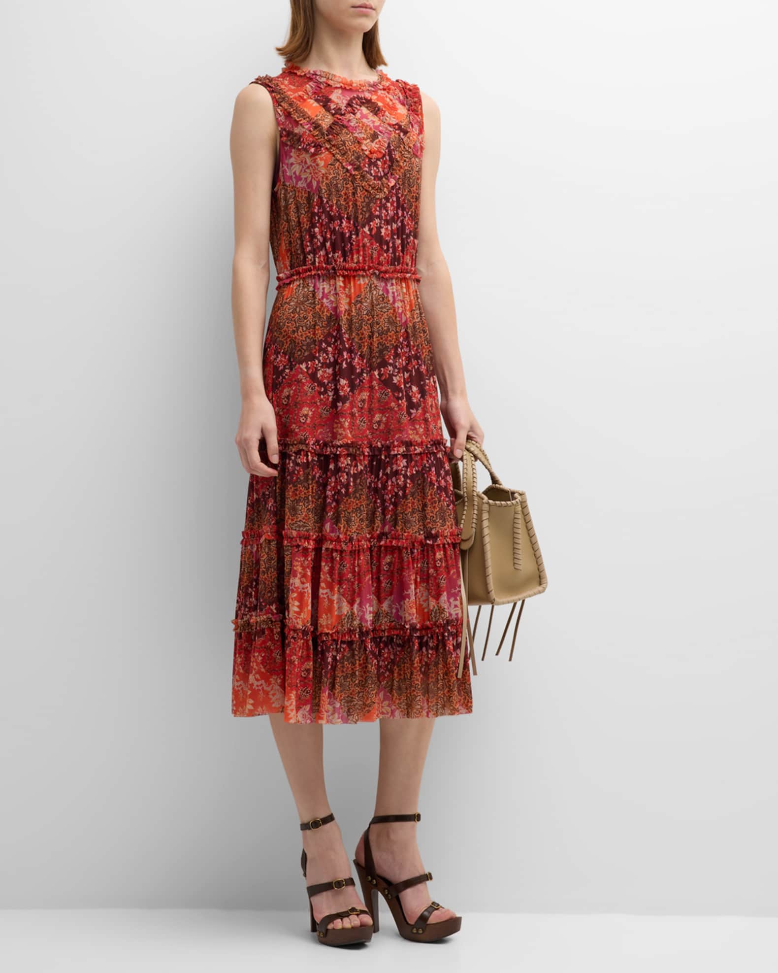 Johnny Was Josephina Floral-Print Ruffle Mesh Midi Dress | Neiman Marcus