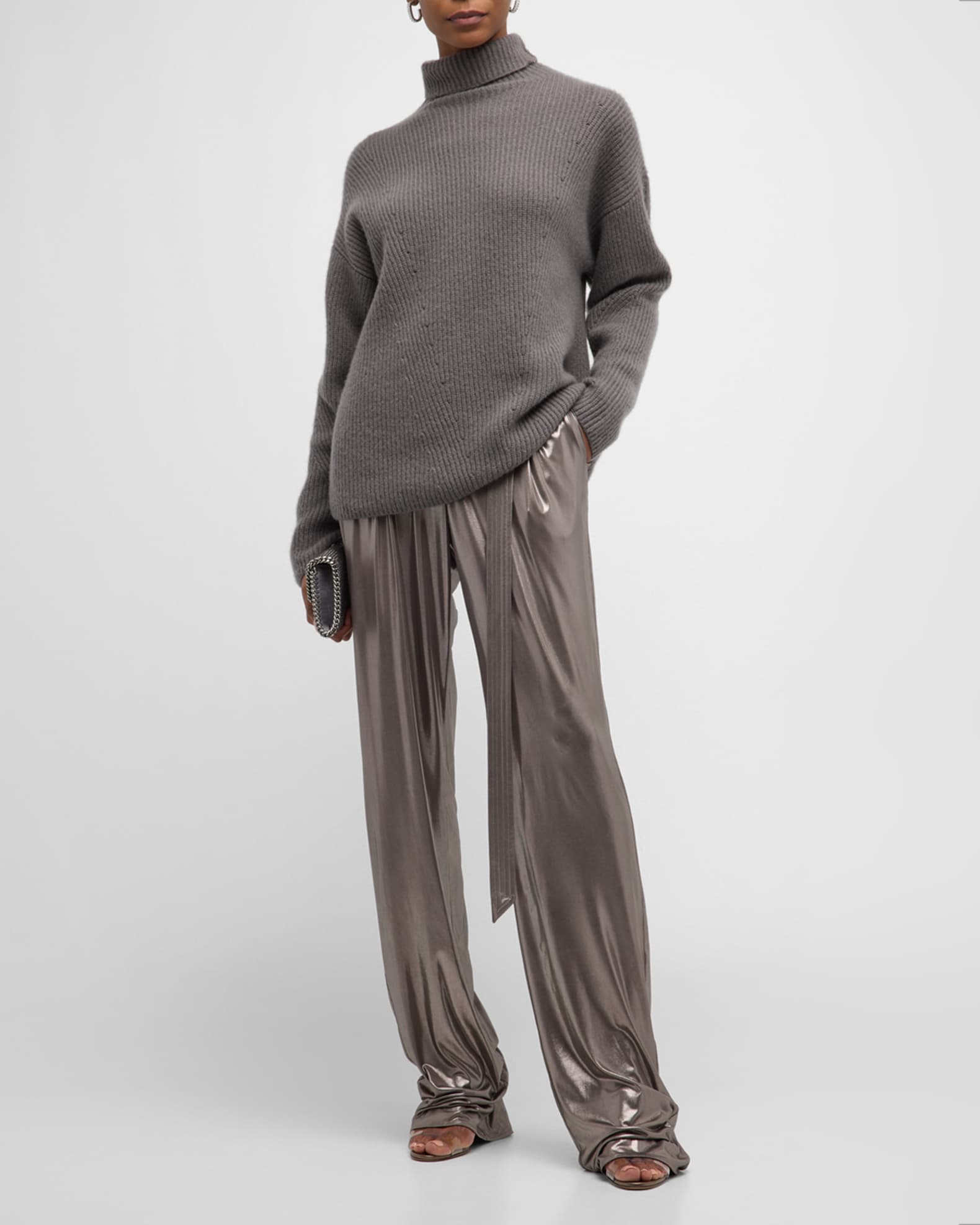 LAPOINTE Metallic Coated Jersey Wide-Leg Belted Pants | Neiman Marcus