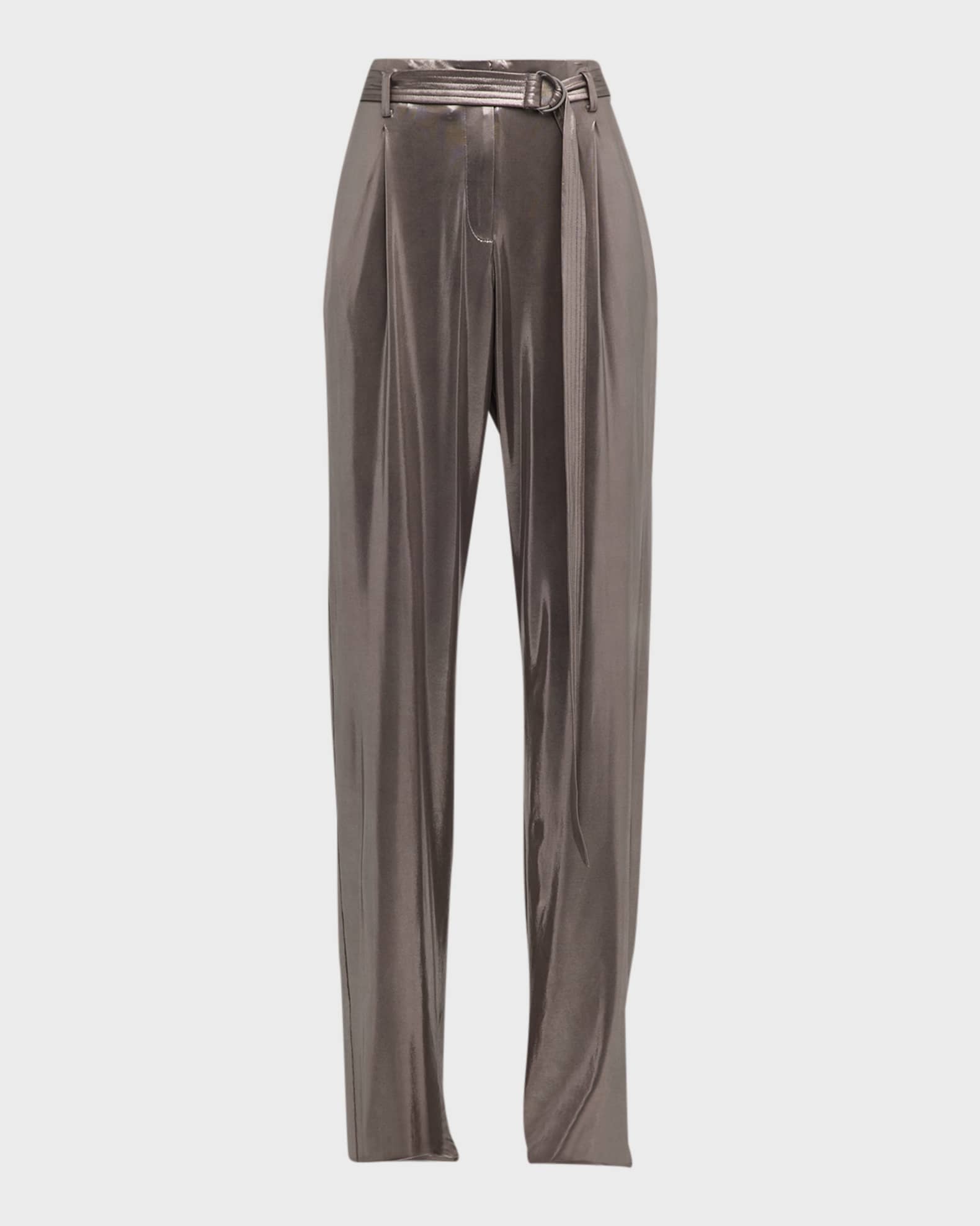 LAPOINTE Metallic Coated Jersey Wide-Leg Belted Pants | Neiman Marcus