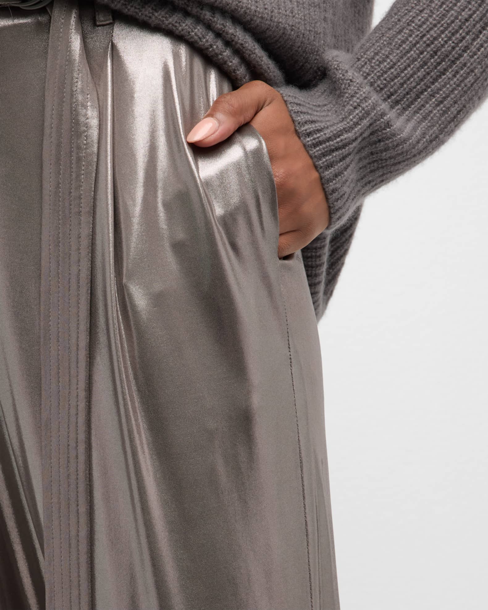 LAPOINTE Metallic Coated Jersey Wide-Leg Belted Pants | Neiman Marcus