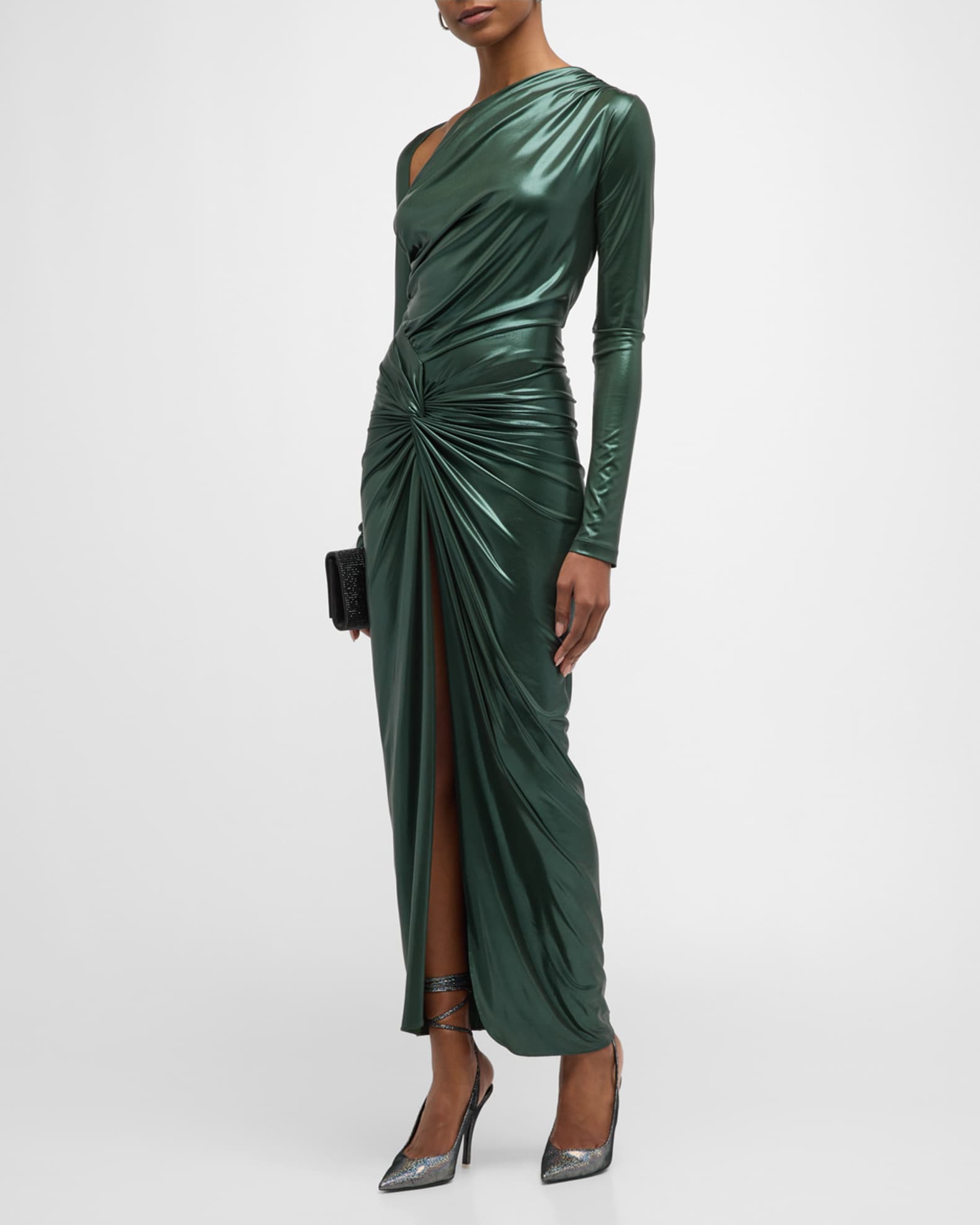 LAPOINTE Metallic Coated Jersey Asymmetric Draped Maxi Sarong Dress ...