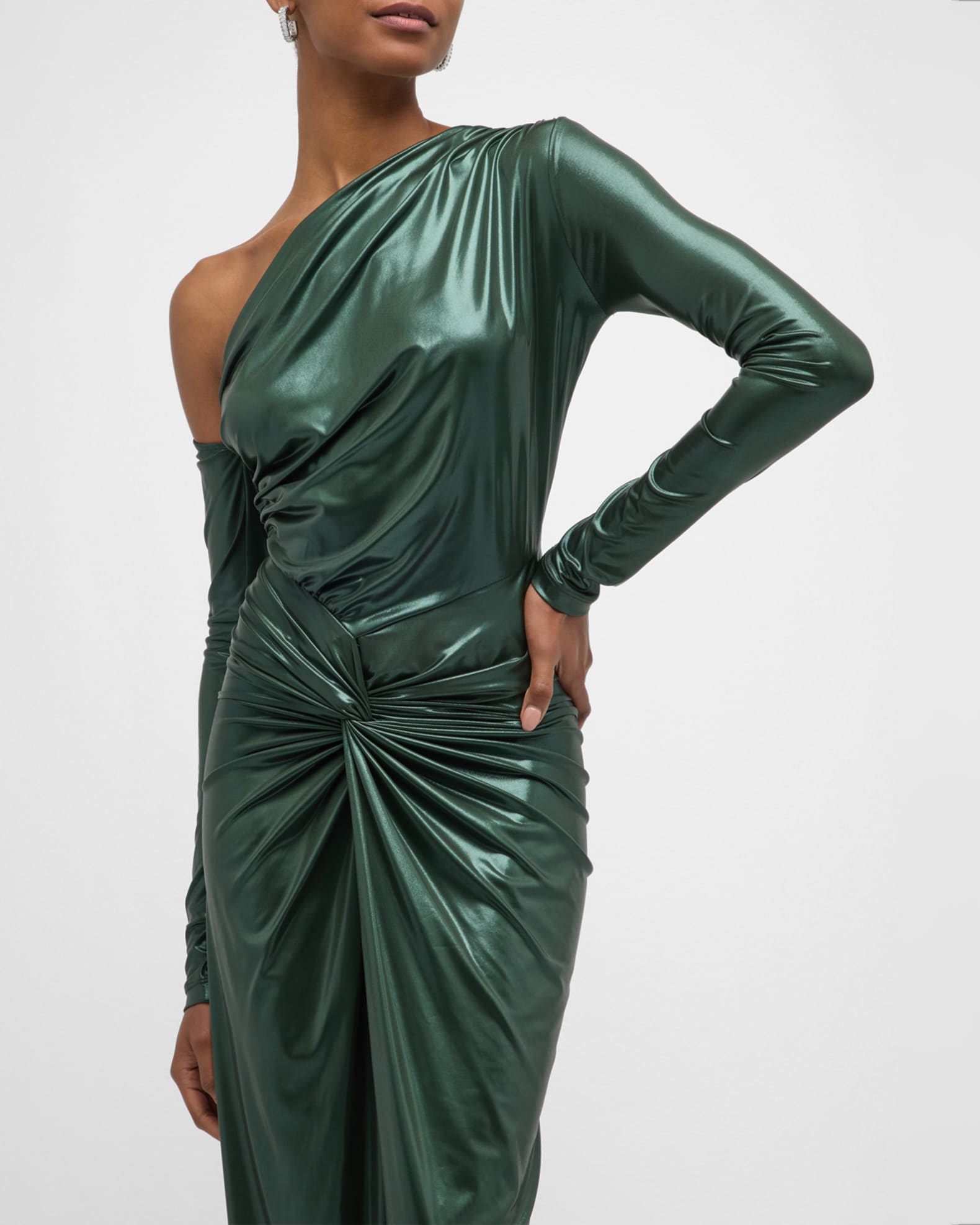 LAPOINTE Metallic Coated Jersey Asymmetric Draped Maxi Sarong Dress ...