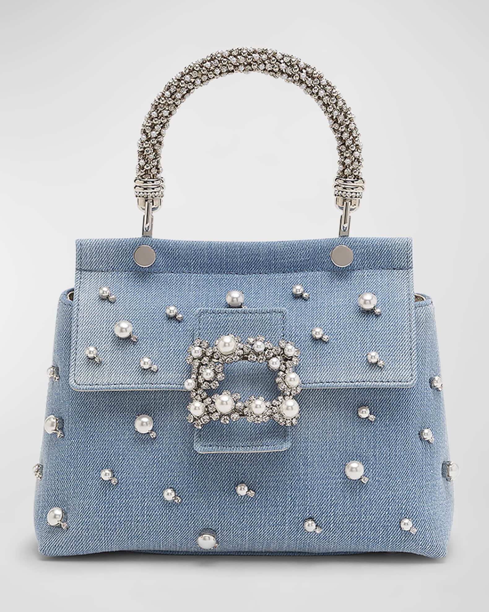 Roger Vivier Viv Flower Pearly Jewel Denim Top-Handle Bag | Neiman Marcus