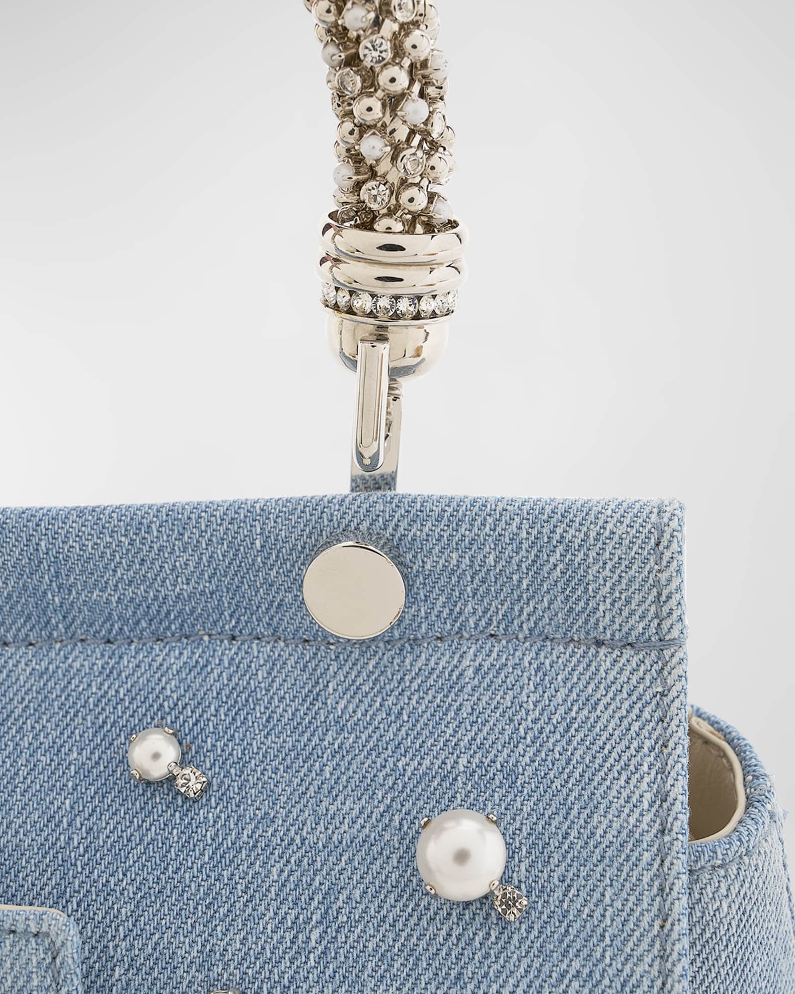 Roger Vivier Viv Flower Pearly Jewel Denim Top-Handle Bag | Neiman Marcus