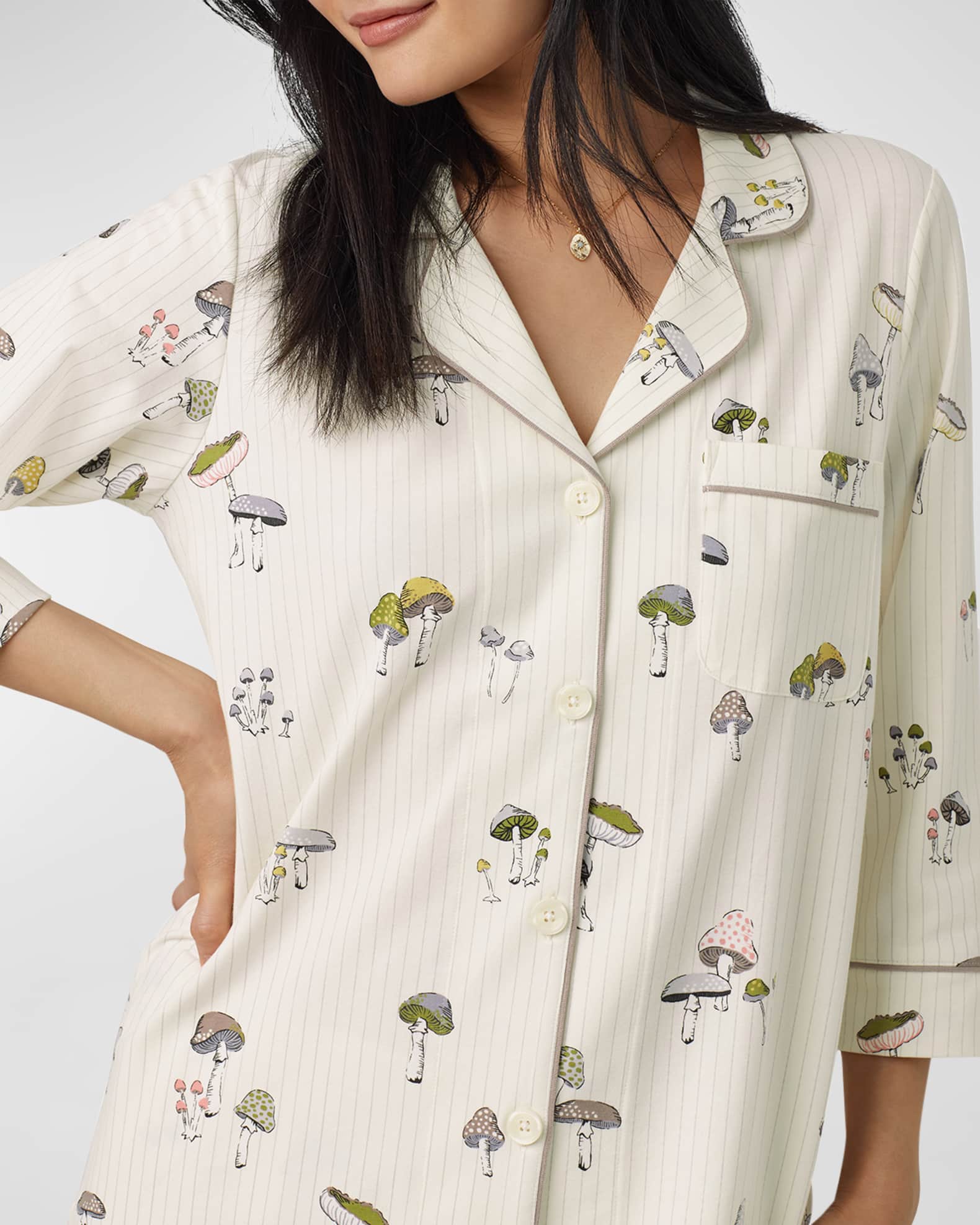 BedHead Pajamas Striped Mushroom-Print Cropped Pajama Set | Neiman Marcus