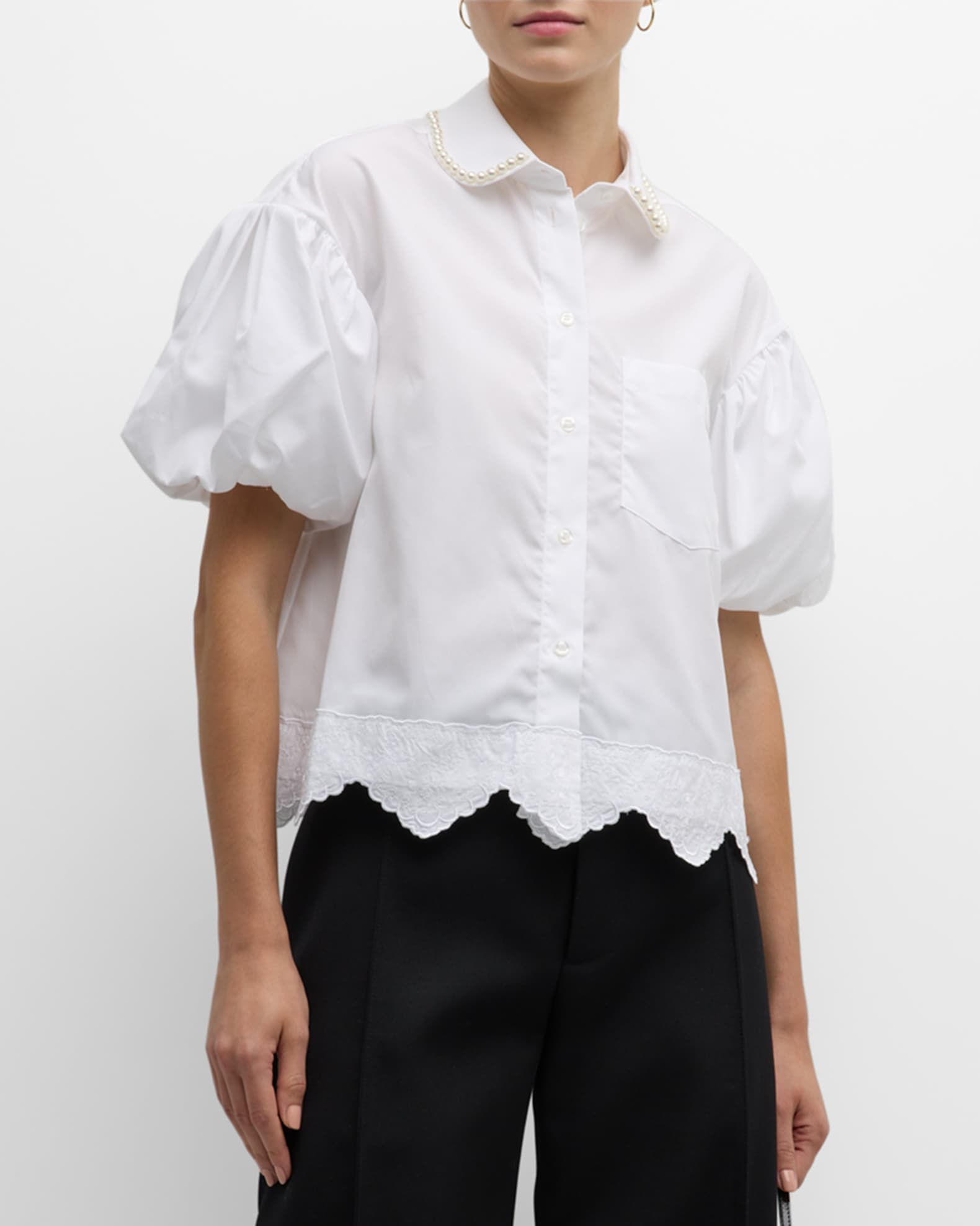 Simone Rocha Cropped Puff Sleeve Shirt with Embroidered Trim | Neiman ...