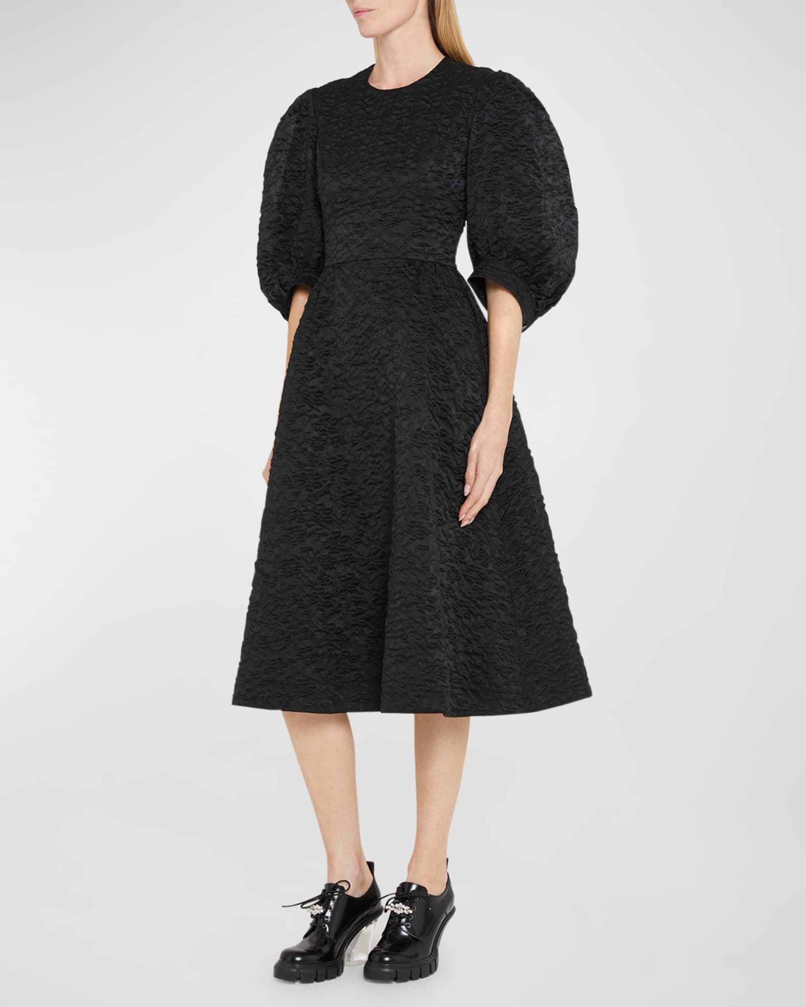 Simone Rocha Puff-Sleeve Fitted A-Line Midi Dress | Neiman Marcus