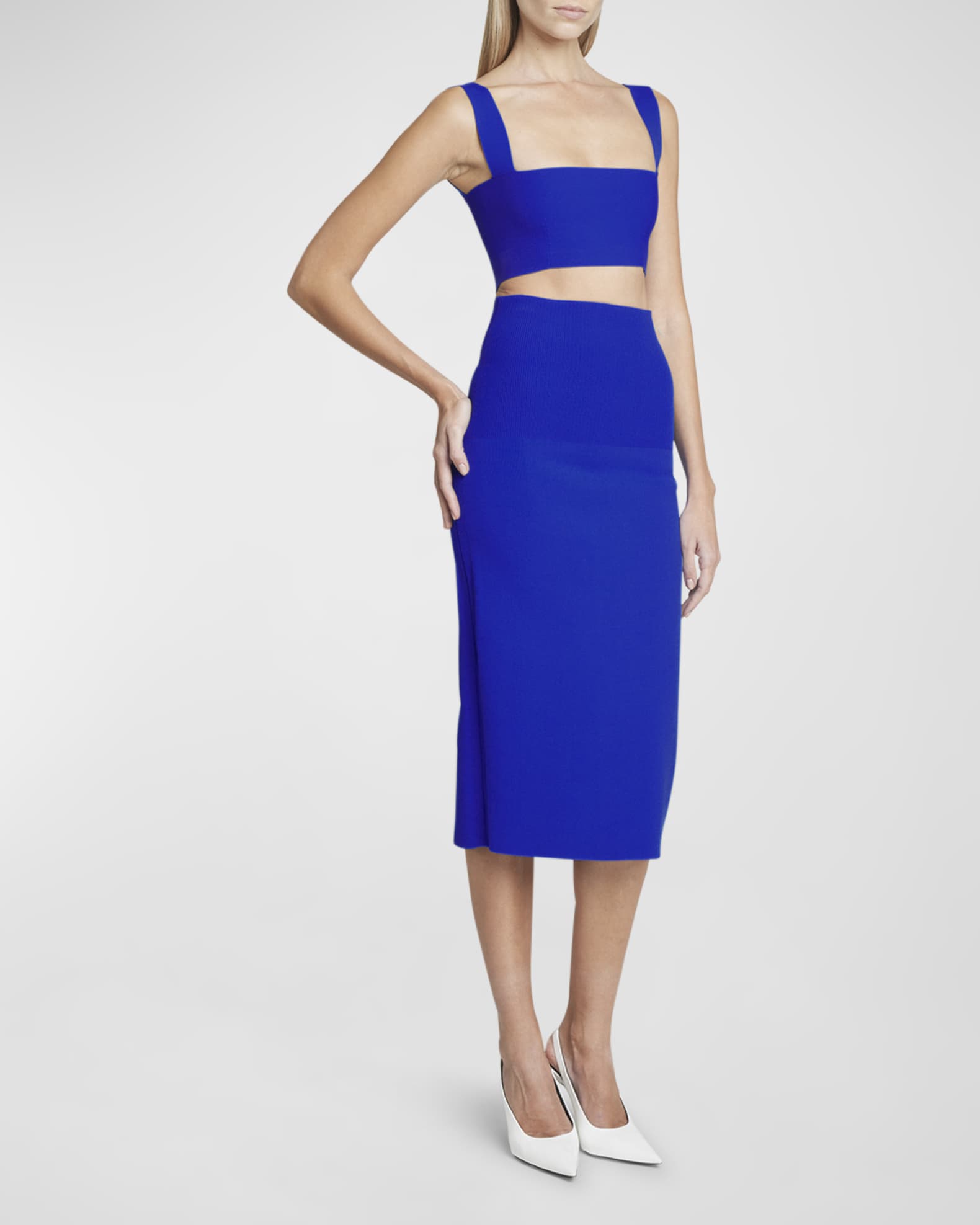 Victoria Beckham VB Body Fitted Midi Skirt, Blue | Neiman Marcus