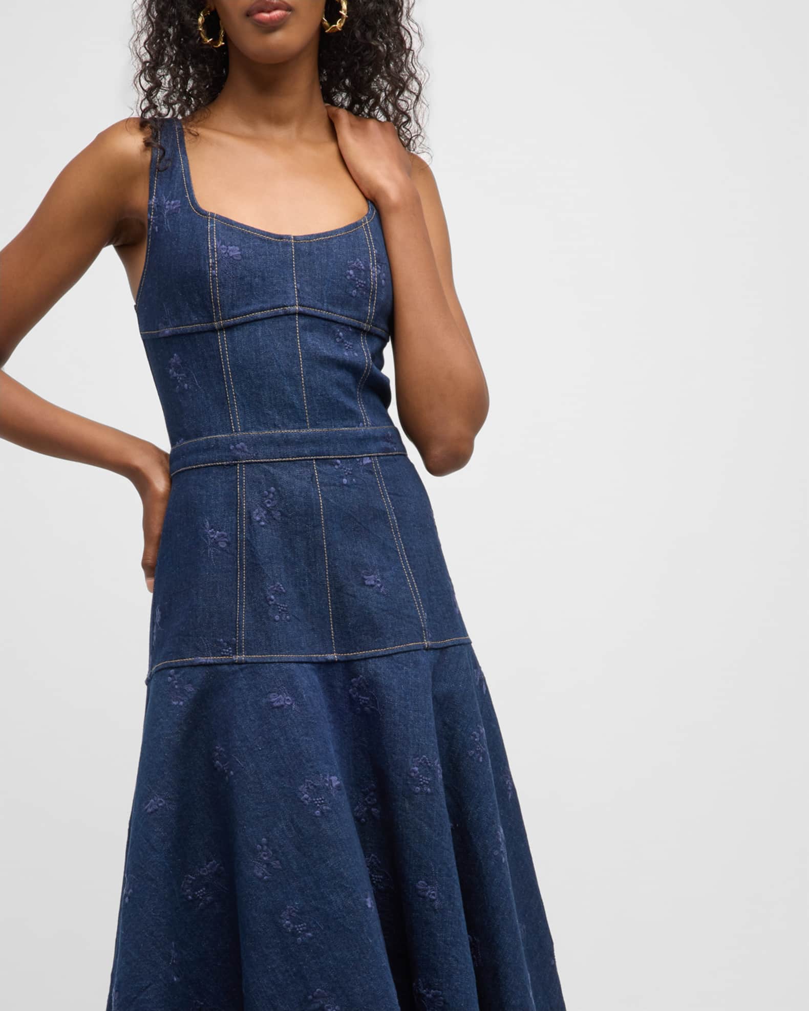 Jason Wu Sleeveless Embroidered Denim Midi Dress | Neiman Marcus
