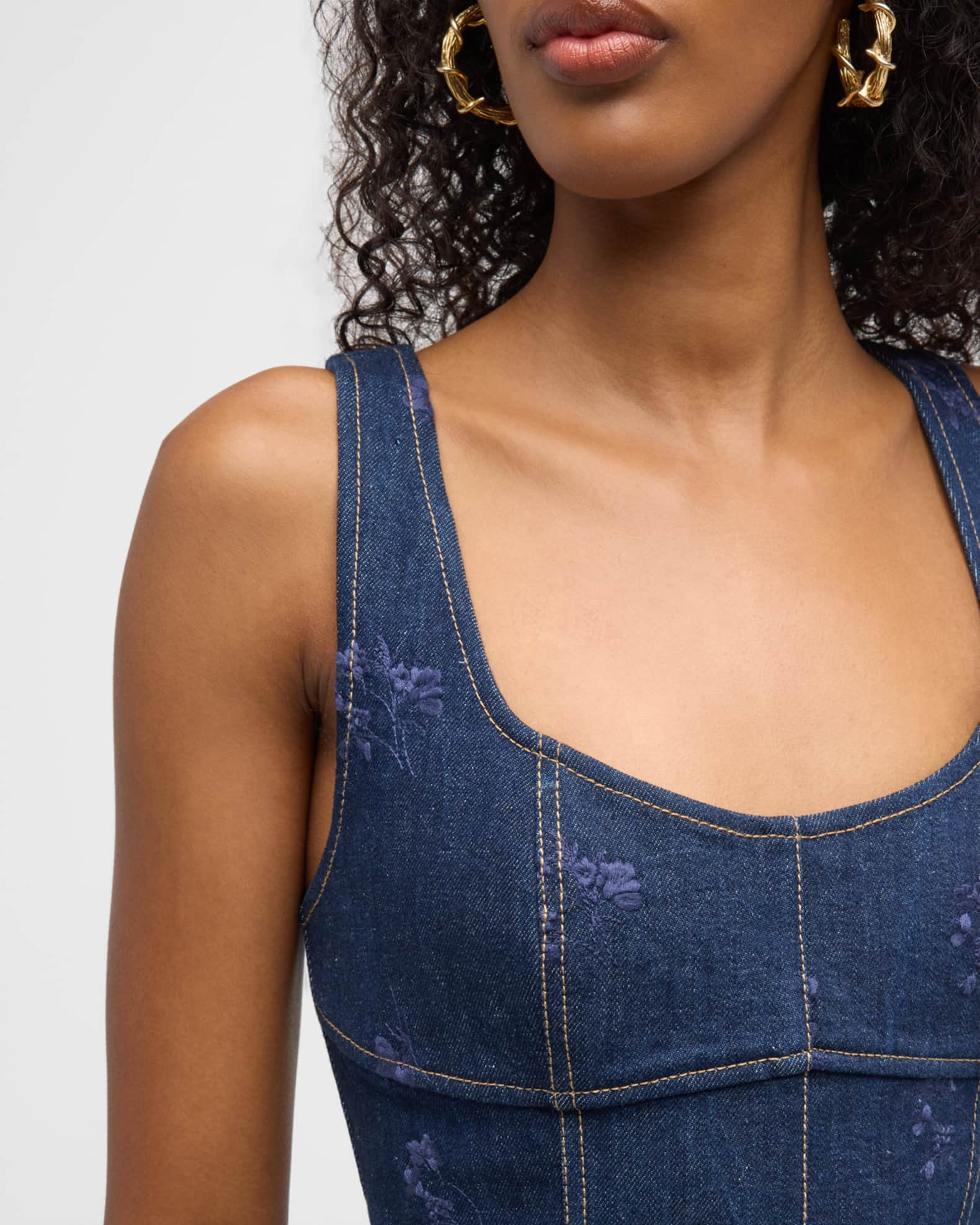 Jason Wu Sleeveless Embroidered Denim Midi Dress | Neiman Marcus