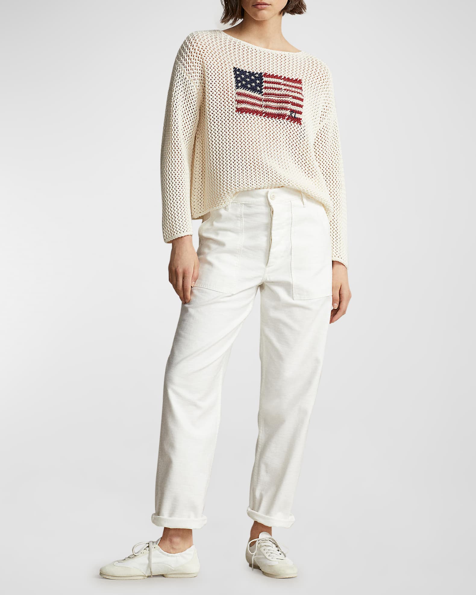 Polo Ralph Lauren Patchwork-Flag Cotton-Linen Sweater | Neiman Marcus