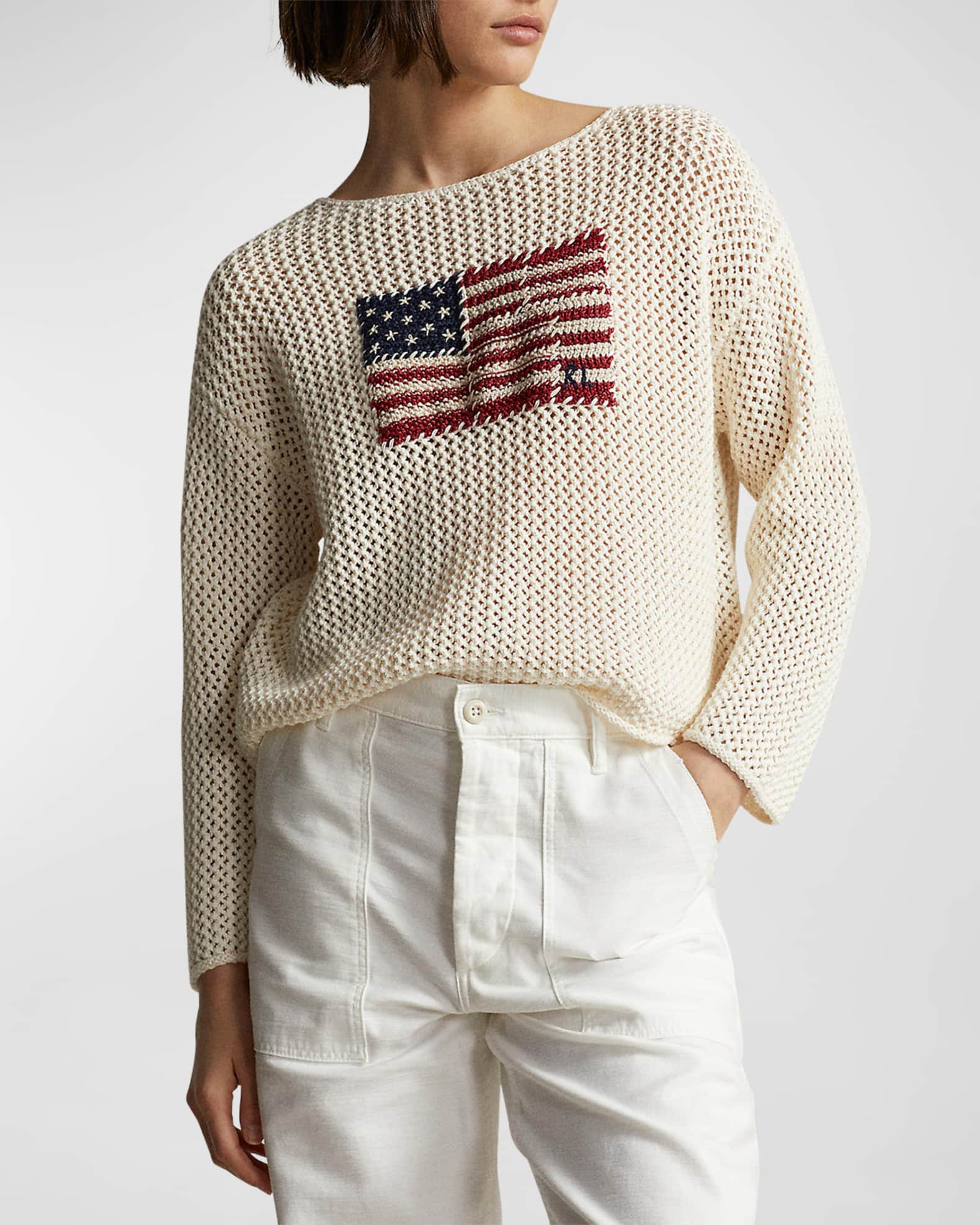 Polo Ralph Lauren Patchwork-Flag Cotton-Linen Sweater | Neiman Marcus