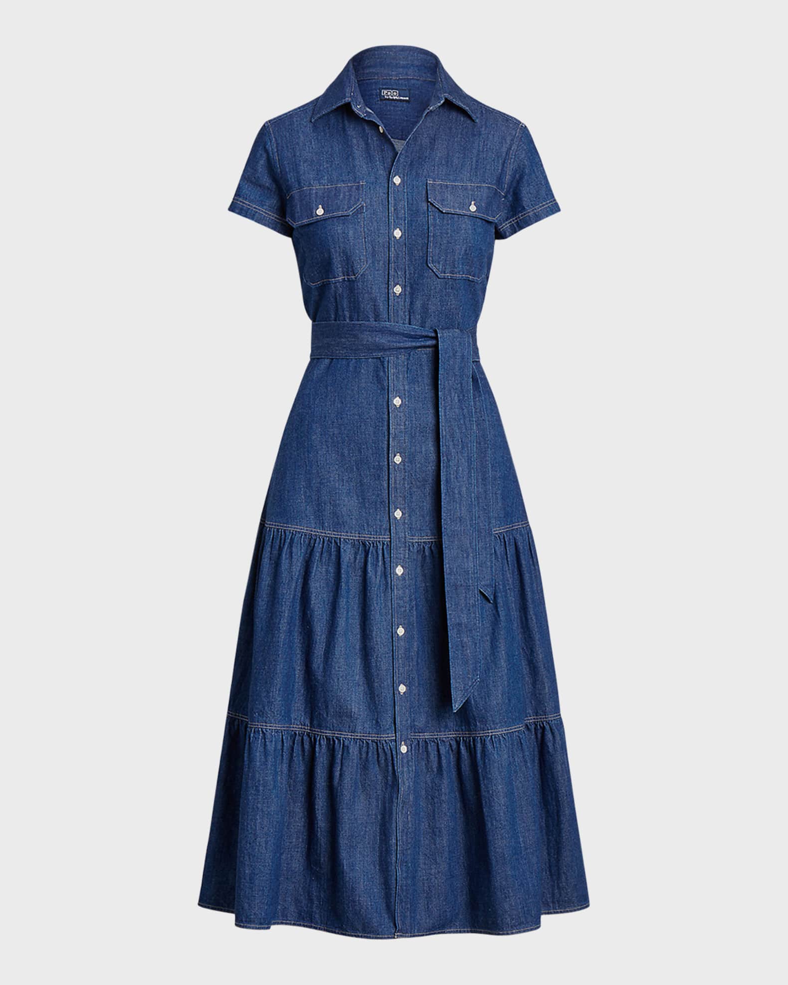 Polo Ralph Lauren Belted Tiered Denim Shirtdress | Neiman Marcus