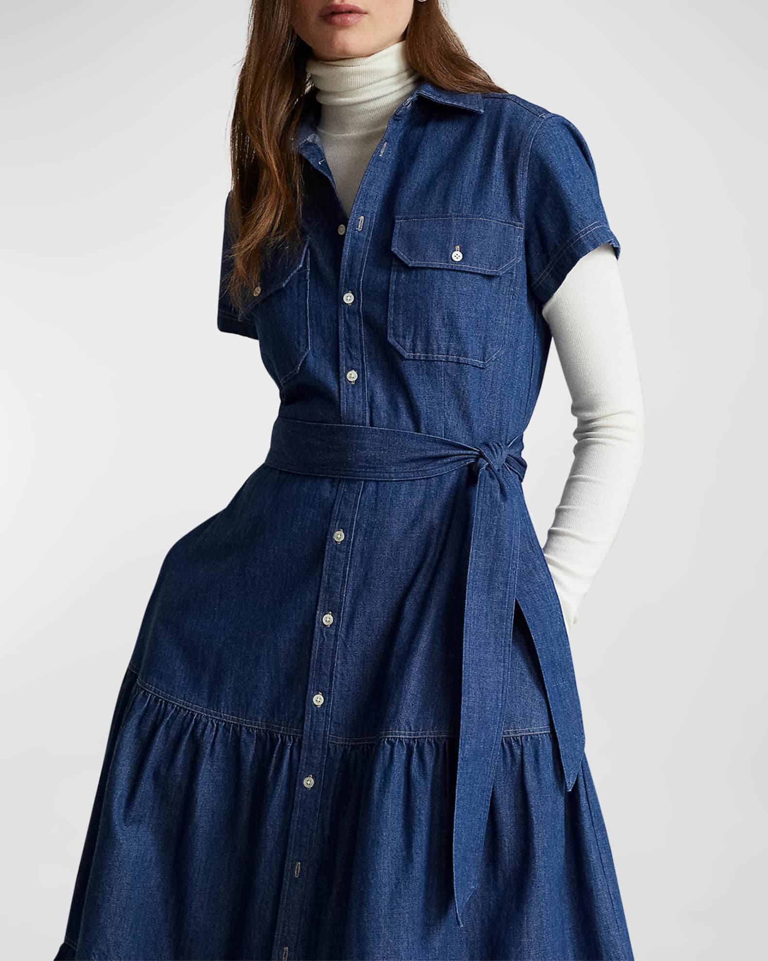Polo Ralph Lauren Belted Tiered Denim Shirtdress | Neiman Marcus
