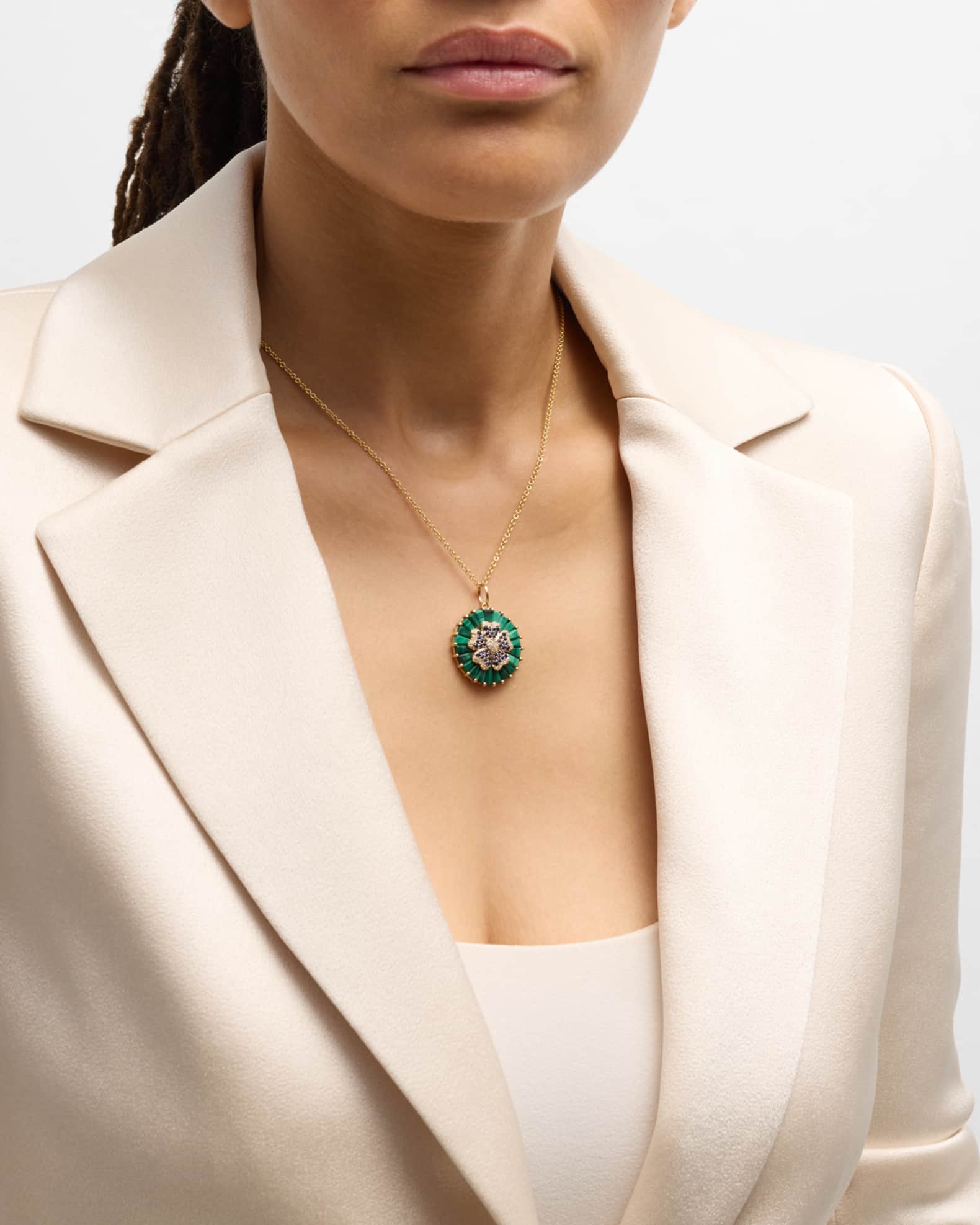 Kastel Jewelry Diamond and Blue Sapphire Flower Malachite Pendant ...