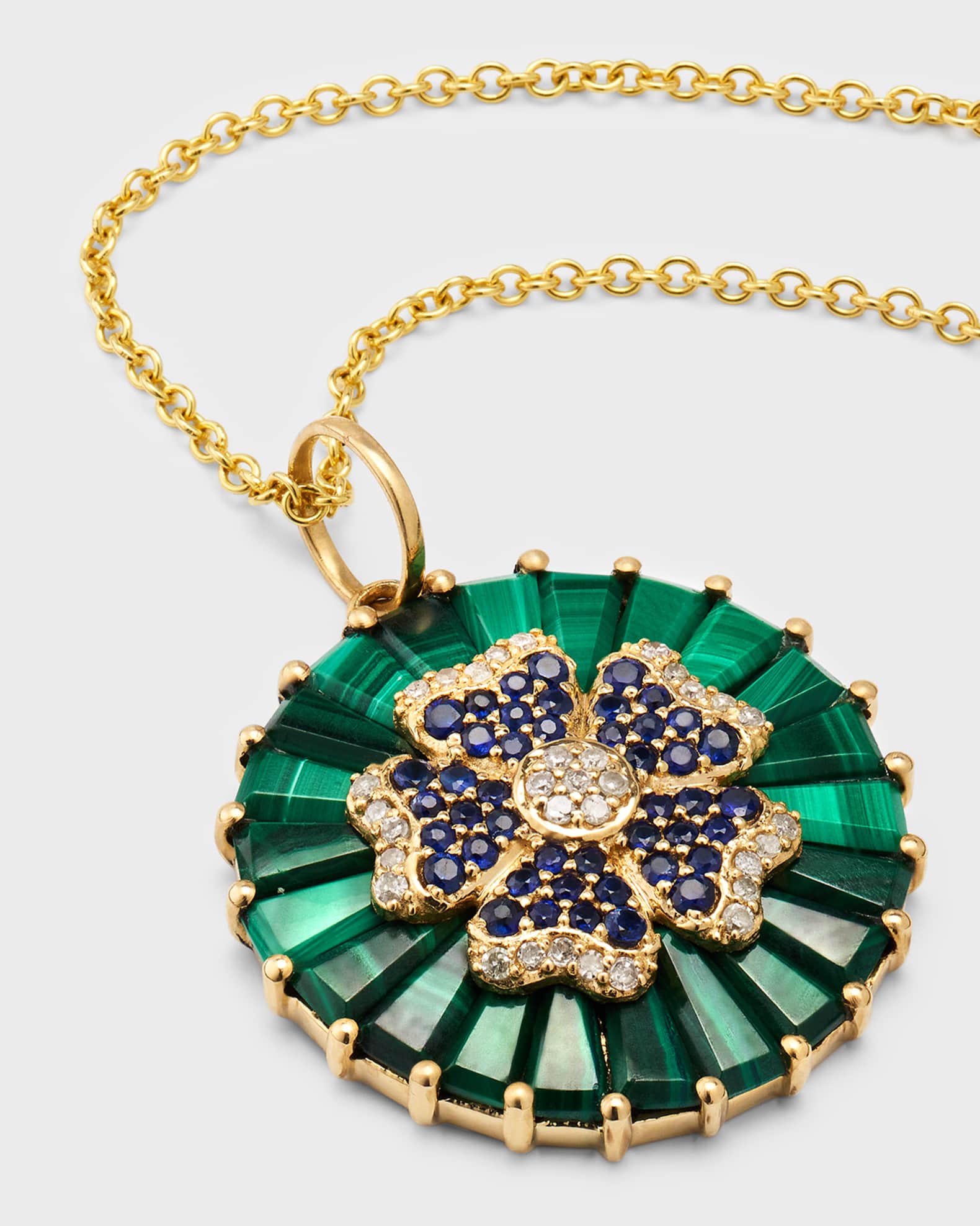Kastel Jewelry Diamond and Blue Sapphire Flower Malachite Pendant ...