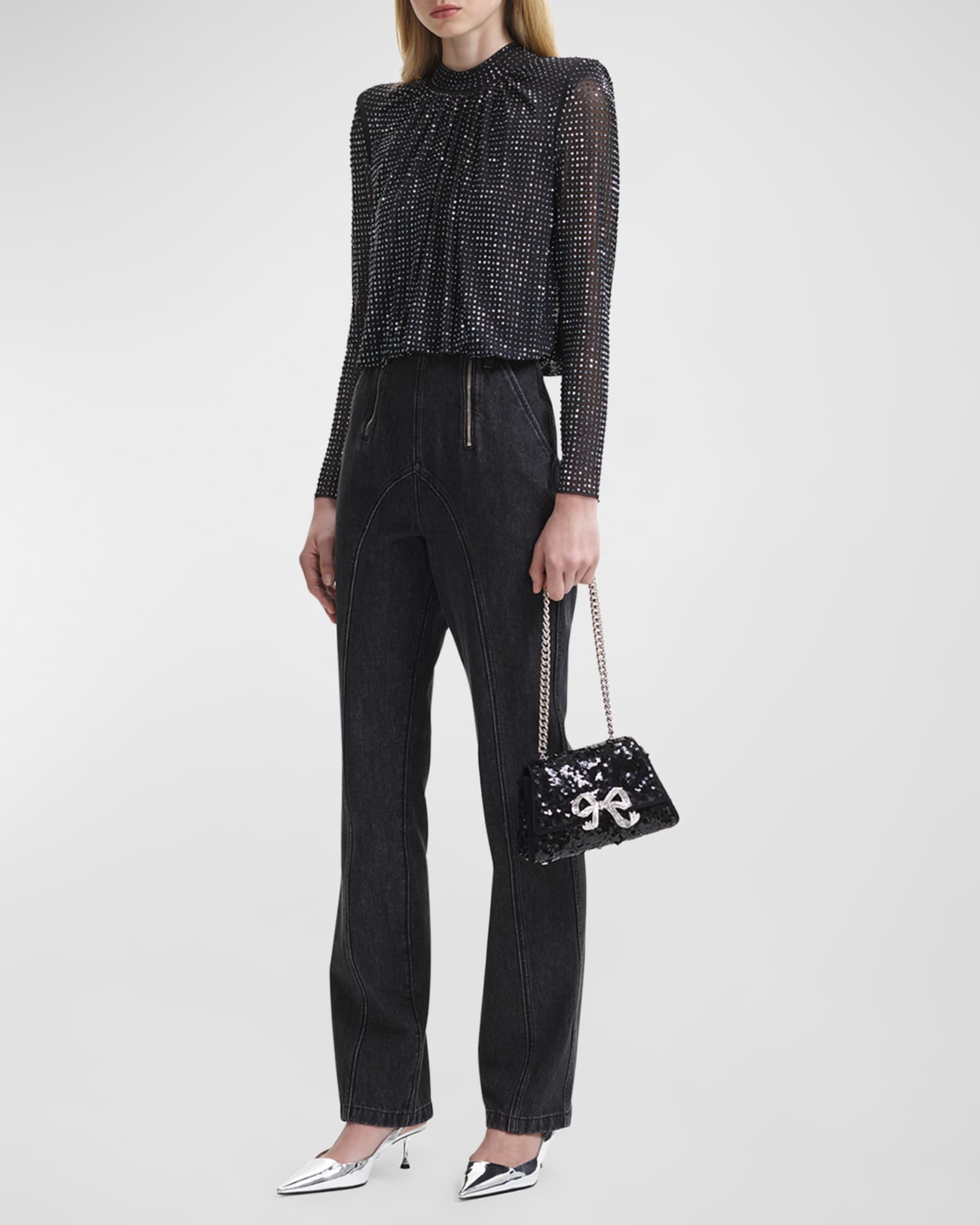 Self-Portrait Rhinestone Mesh Padded-Shoulder Long-Sleeve Top | Neiman ...