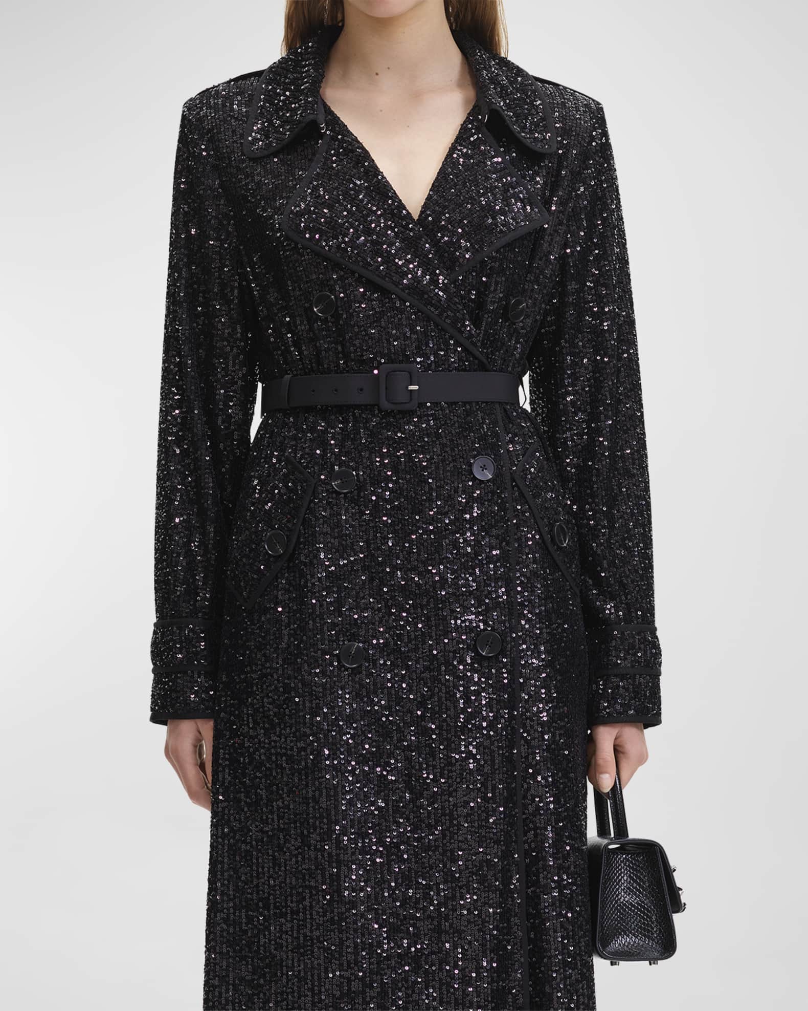 Self-Portrait Sequin Knit Trench Coat | Neiman Marcus
