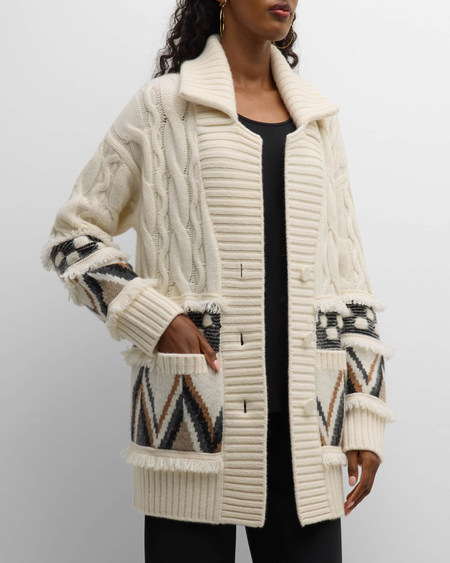 TSE Cashmere Recycled Cashmere Cable-Knit Fringe Cardigan | Neiman Marcus