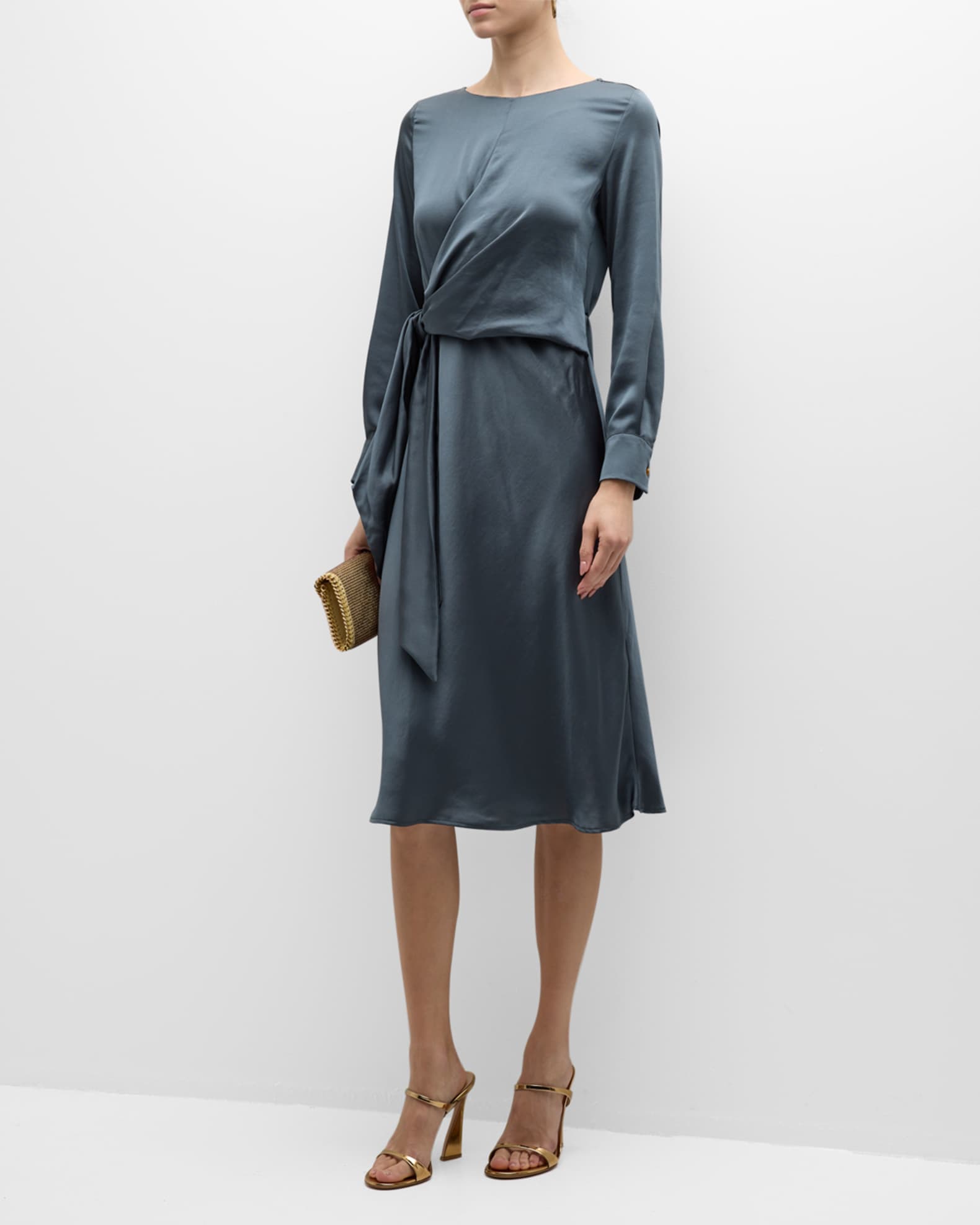 Marella Sion Wrap-Front A-Line Satin Midi Dress | Neiman Marcus