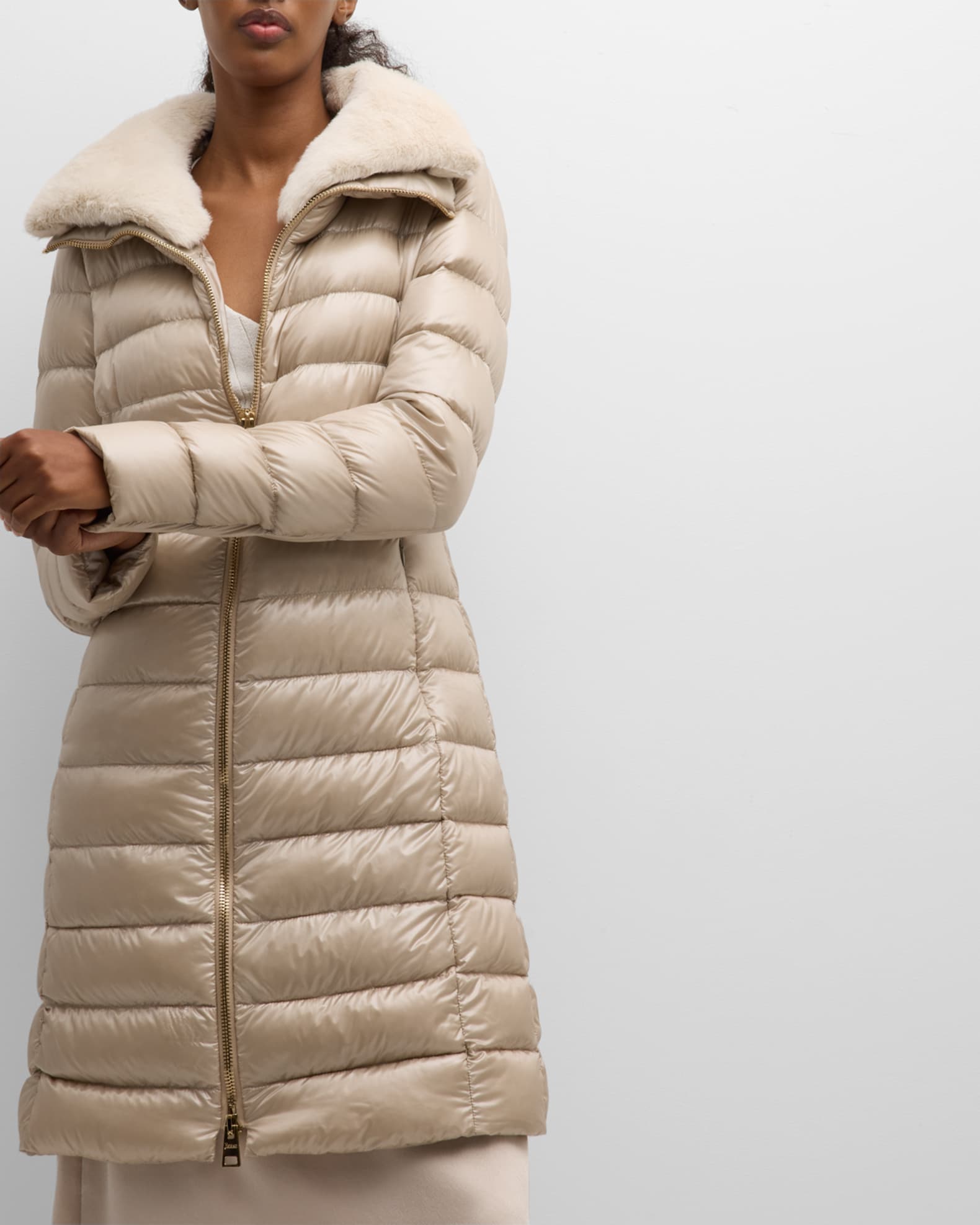 Herno Iconico Elisa Long Coat with Faux Mink Collar | Neiman Marcus