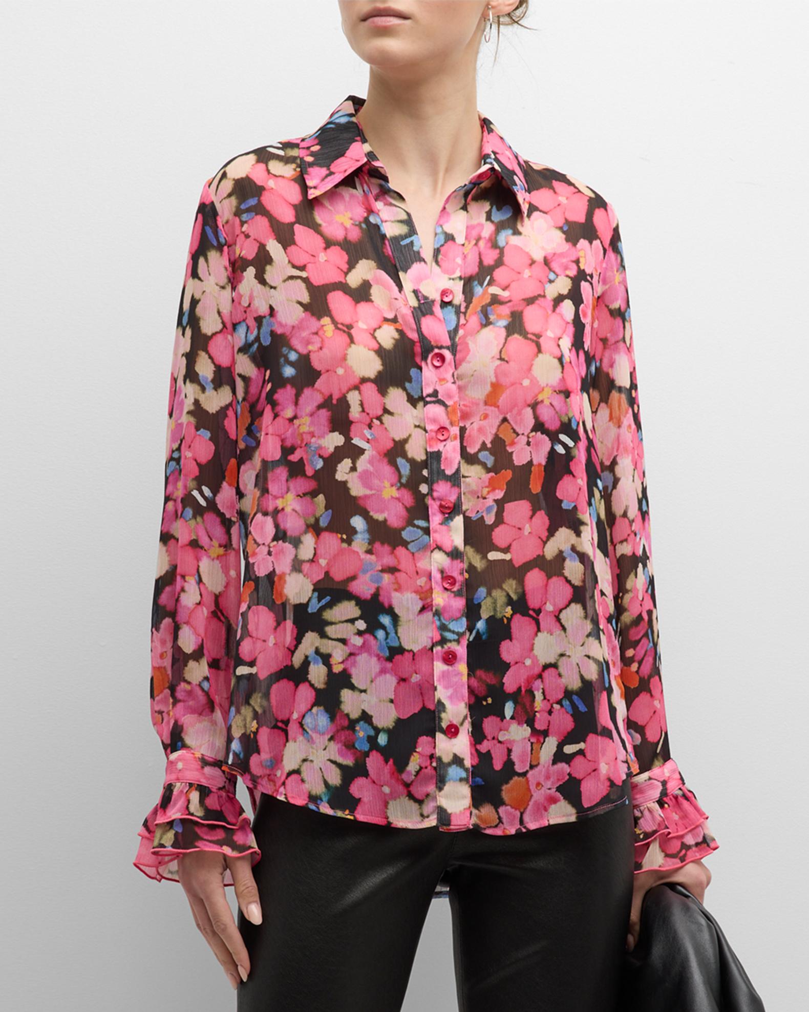 Finley Marianne Floral-Print Button-Down Crepe Blouse | Neiman Marcus