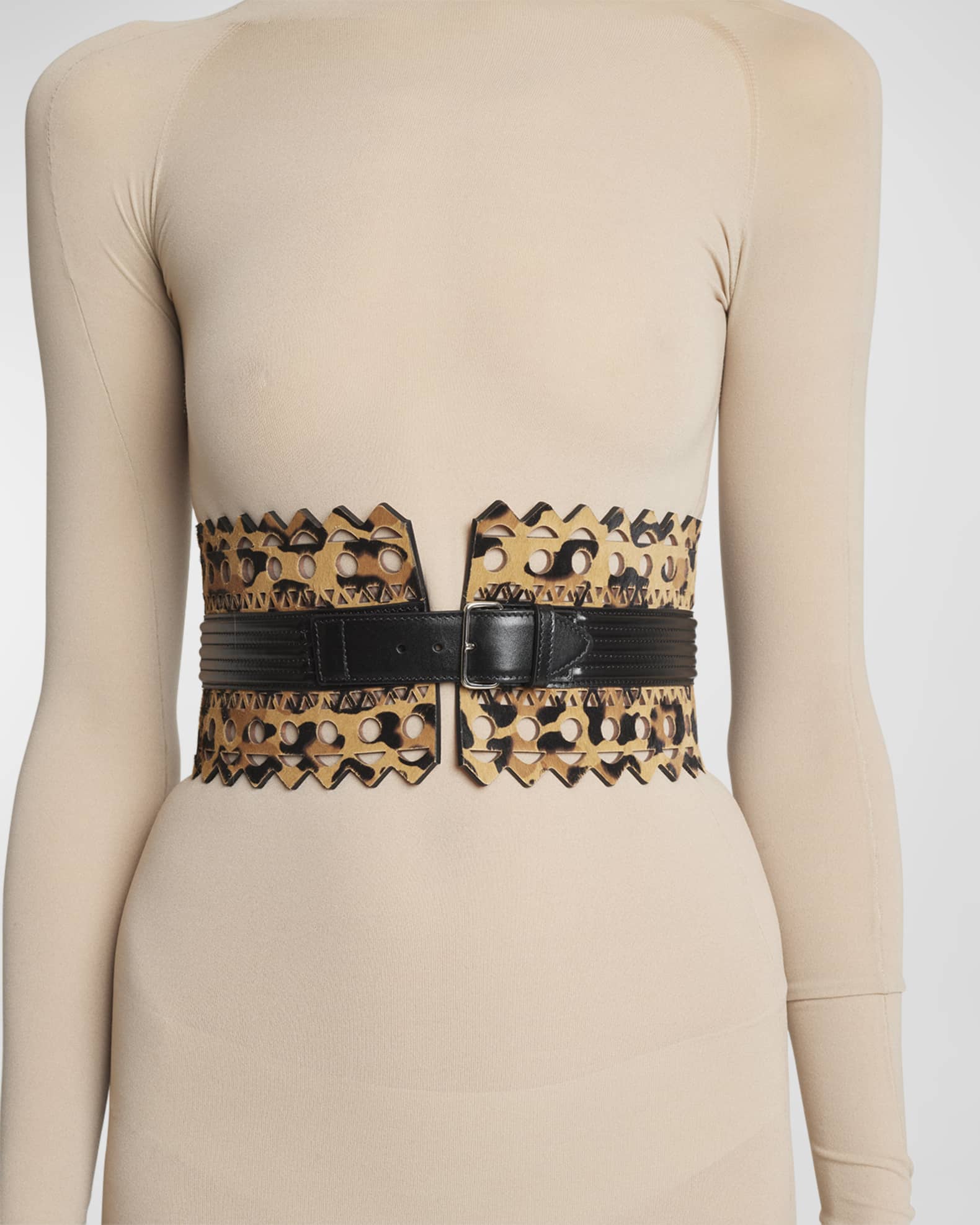 ALAIA Leopard-Print Lasercut Cowhide Leather Corset Belt | Neiman Marcus