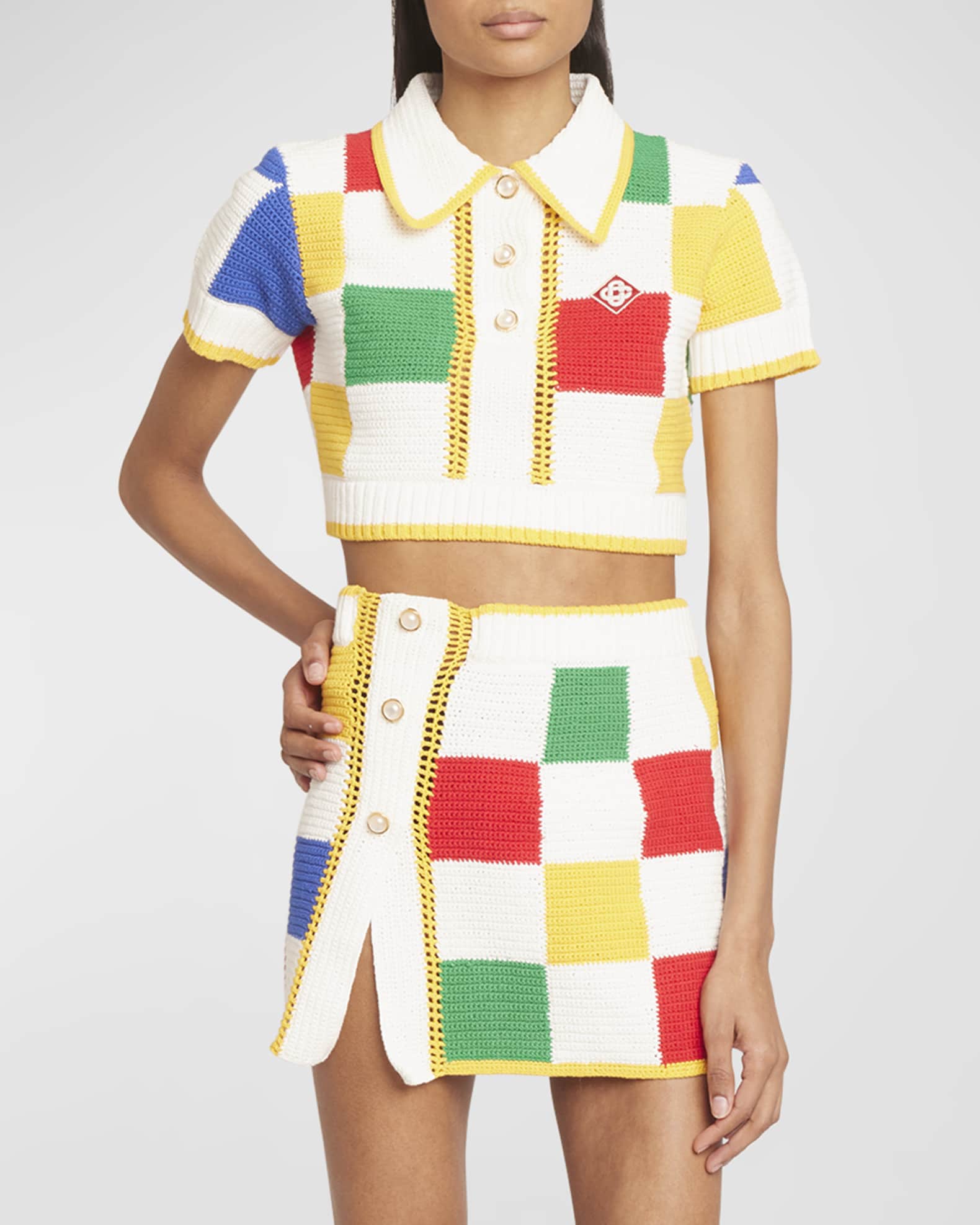 CASABLANCA Check Crochet Short-Sleeve Crop Polo Shirt | Neiman Marcus