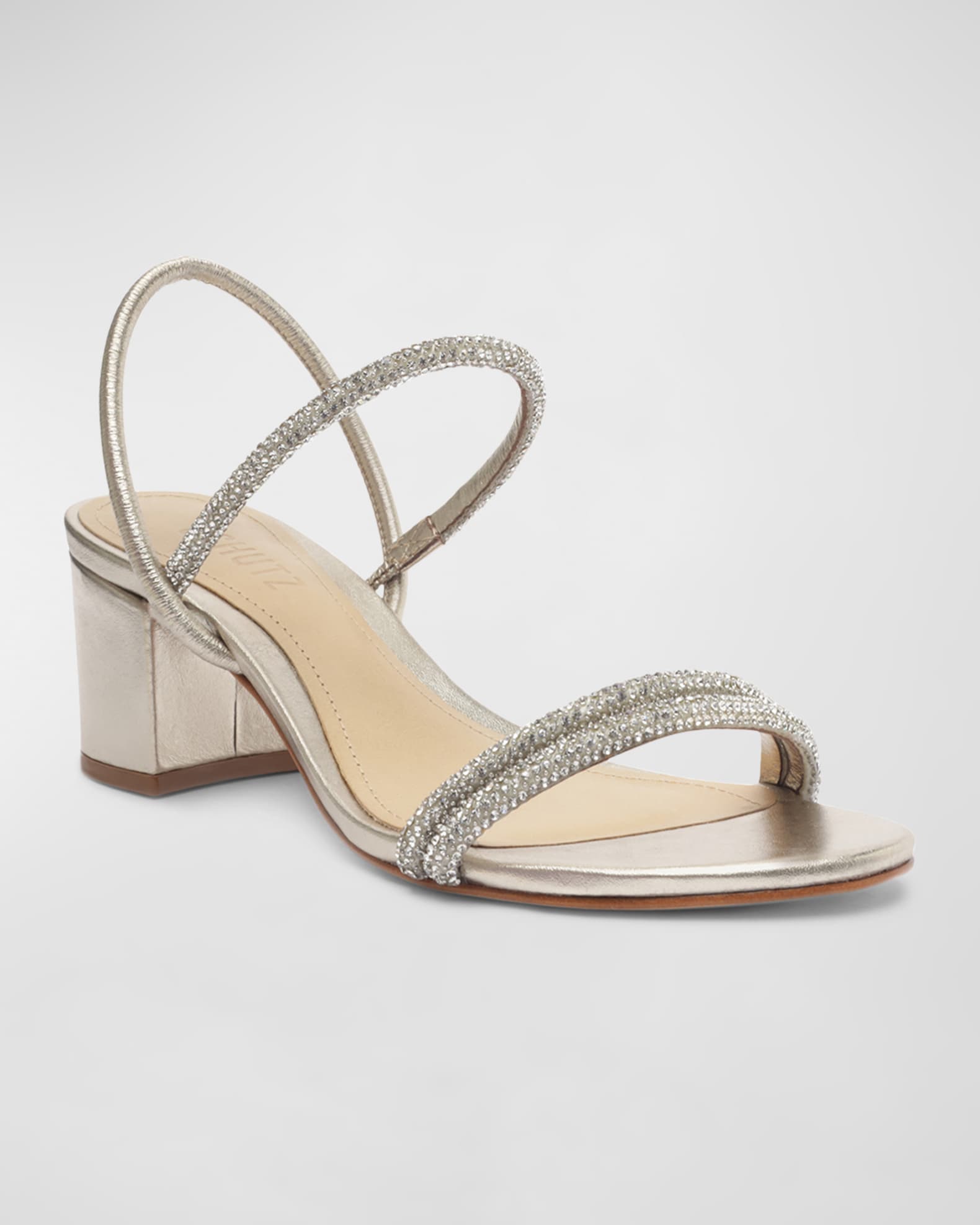 Schutz Whiteley Block-Heel Crystal Leather Sandals | Neiman Marcus