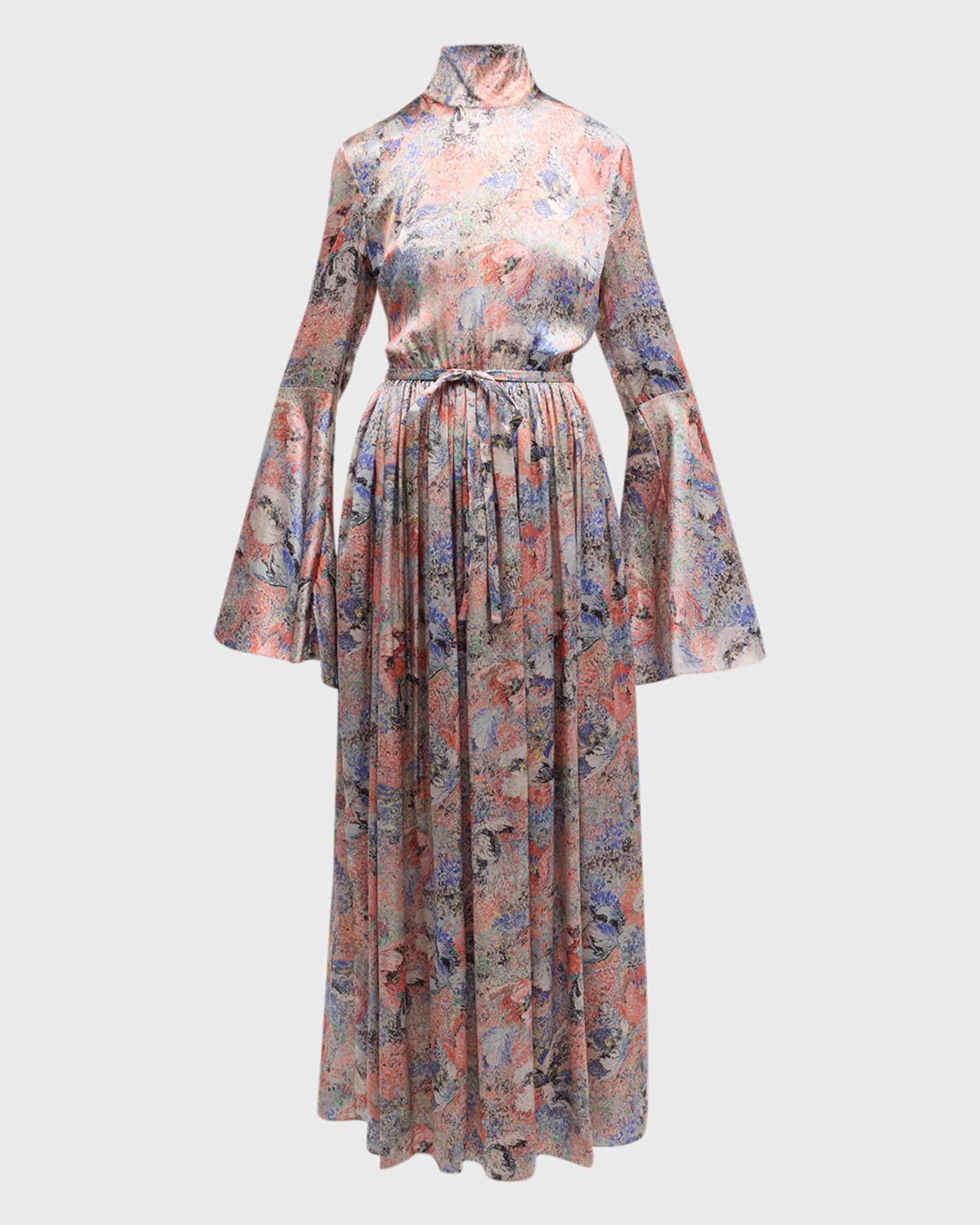 Rosetta Getty Floral-Print Turtleneck Flare-Sleeve Silk Maxi Dress | Neiman Marcus