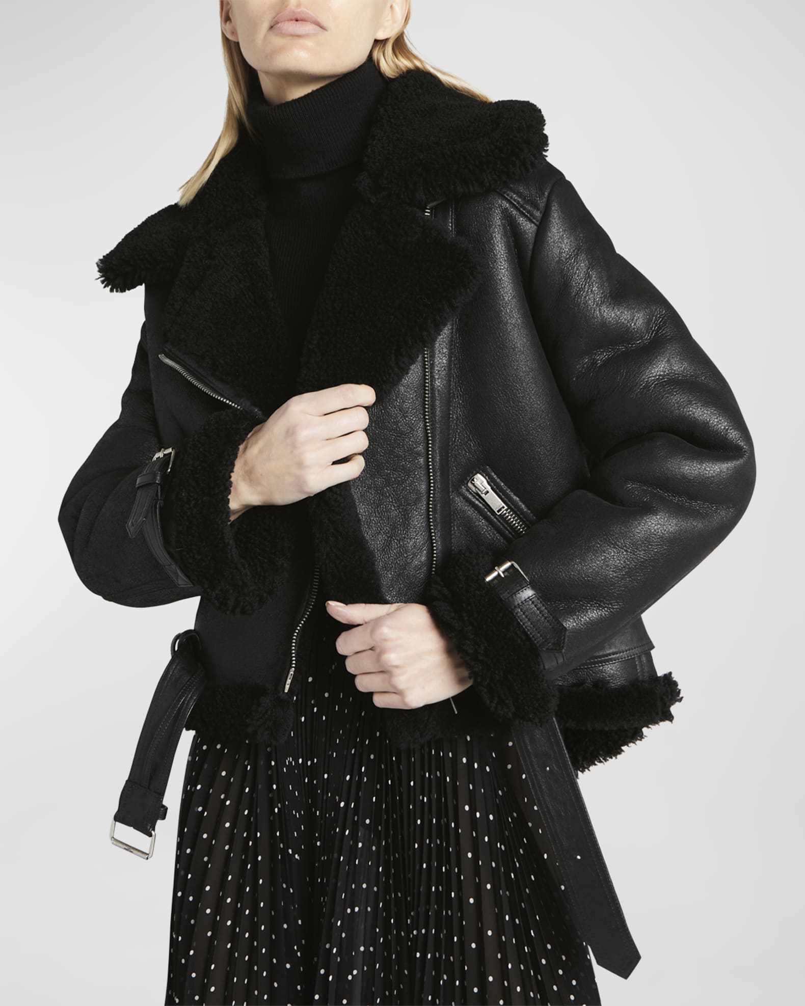 Saint Laurent Bombardier Belted Sheep Shearling Aviator Jacket | Neiman ...