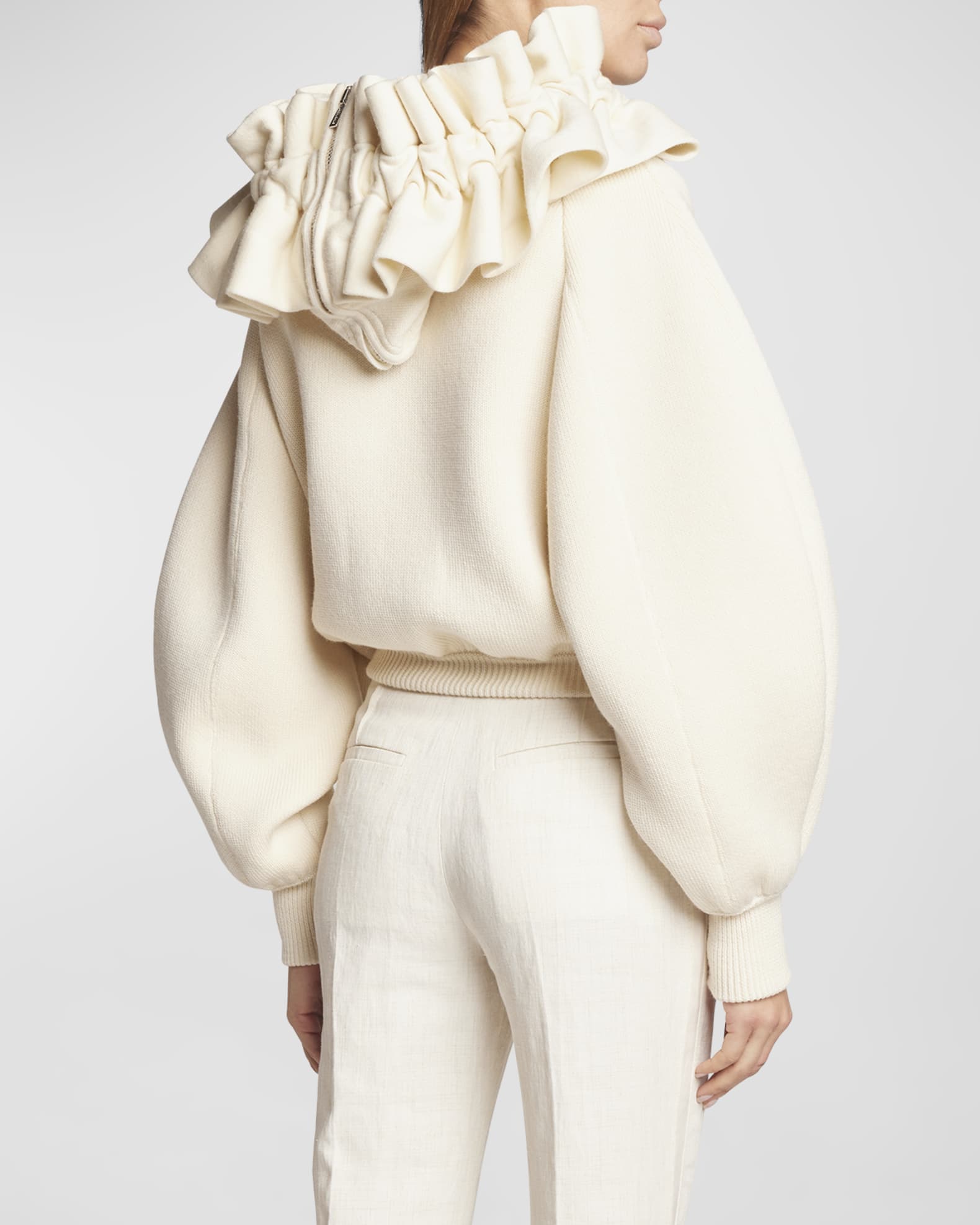 Jacquemus Crinoline Ruffle Hooded Zip-Front Knit Jacket | Neiman Marcus